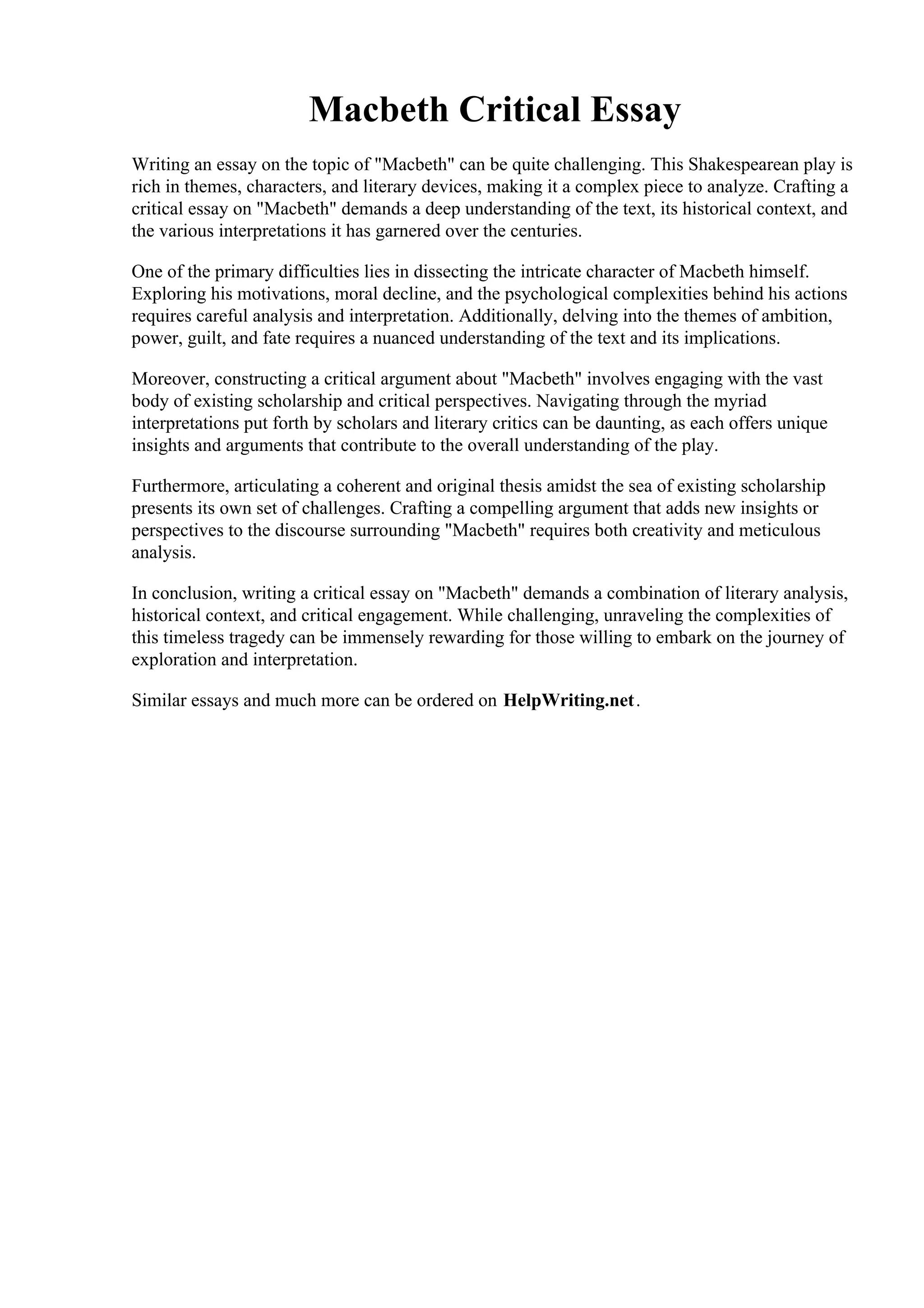 Macbeth Critical Essay. macbeth essay Macbeth essay, Essay outline ...