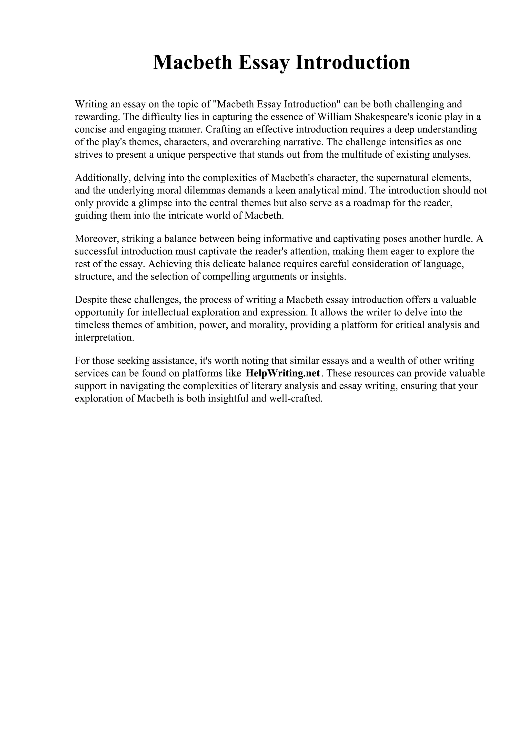 Macbeth Essay Introduction. Los Angeles City College | PDF