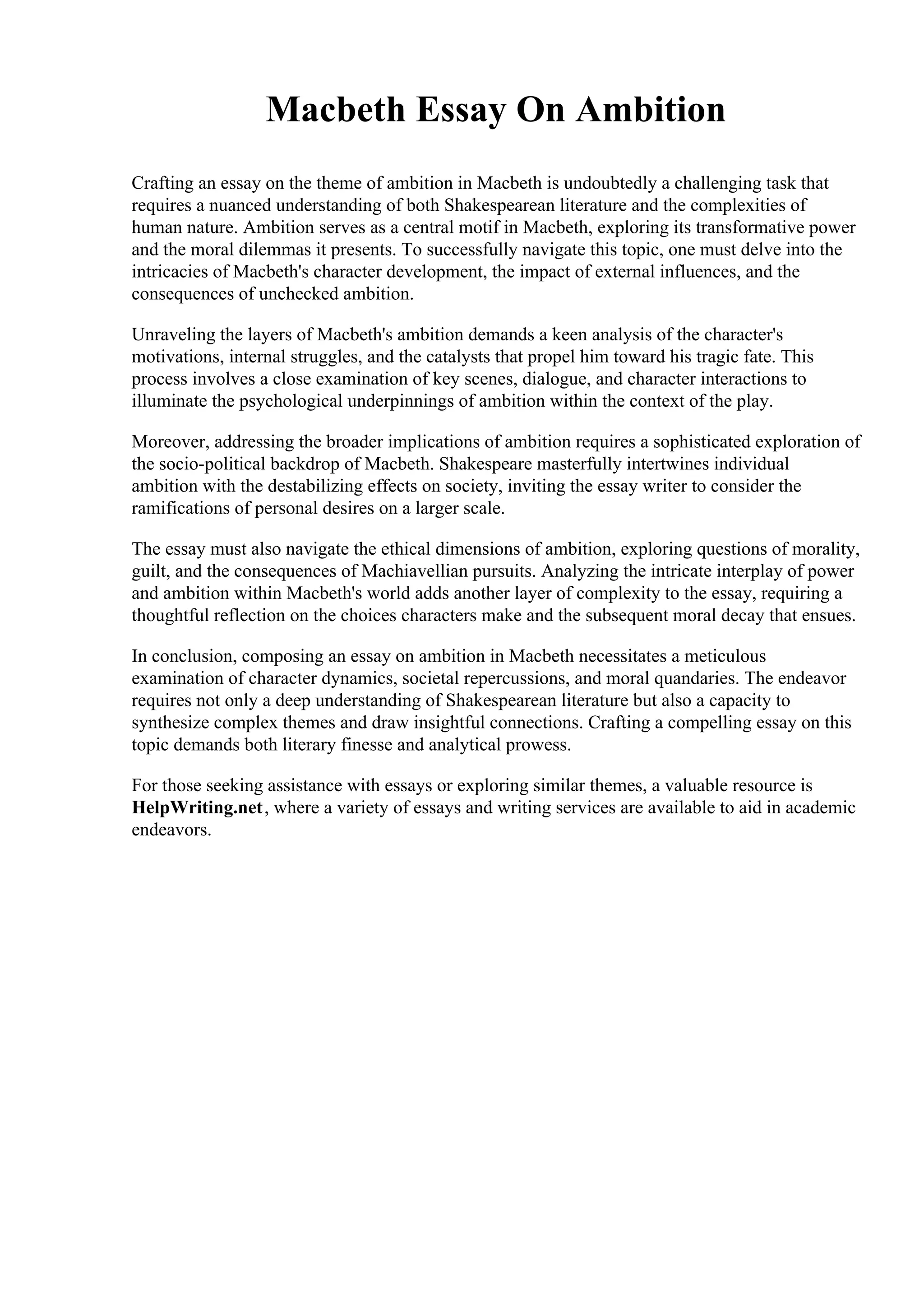 Macbeth Essay On Ambition. Brightpoint Community College | PDF