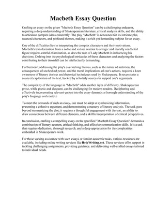 Macbeth Essay Question. Macbeth essay English - Level 2 NCEA Thinkswap ...