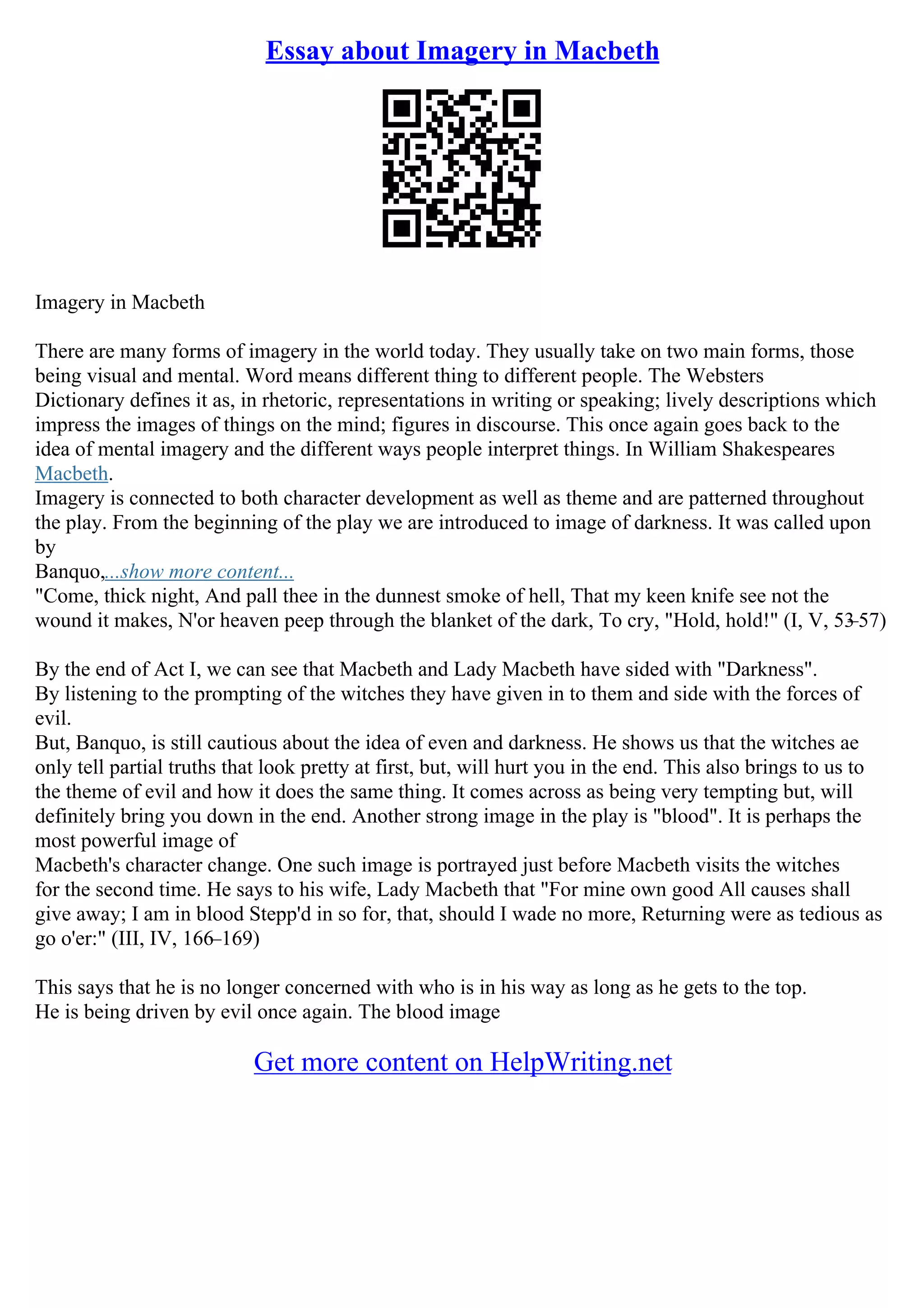 Macbeth Imagery Essay | PDF