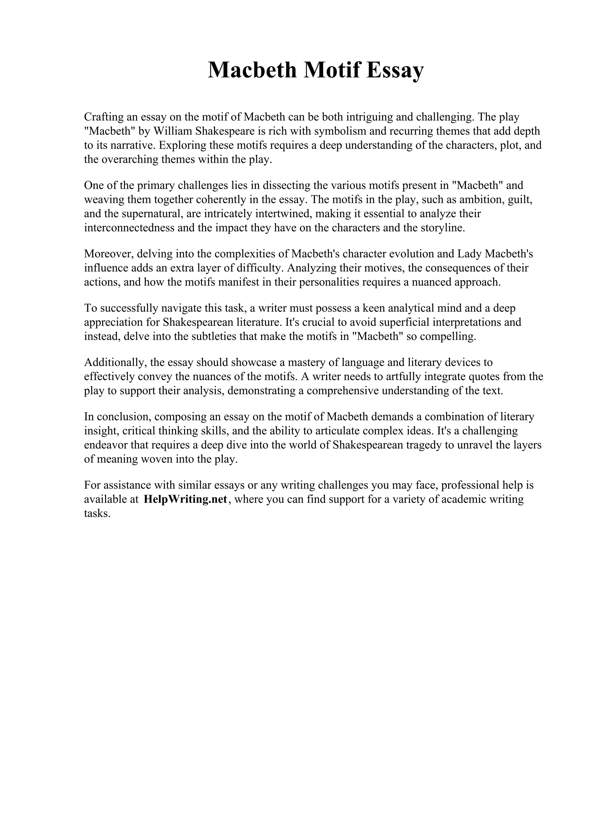 Macbeth Motif Essay. Lincoln Memorial University | PDF