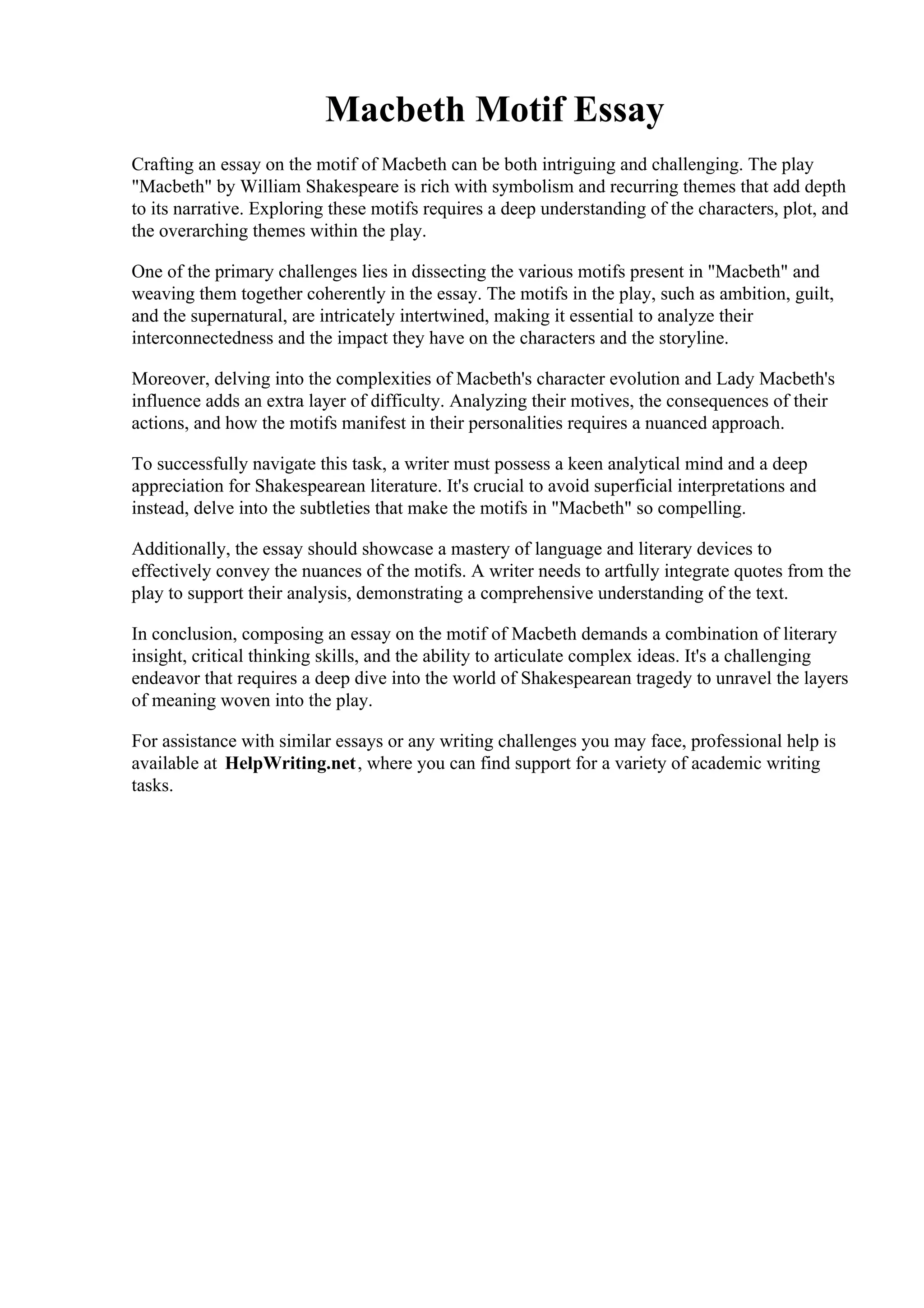 Macbeth Motif Essay. Macbeth. - GCSE English - Marked by Teachers.com