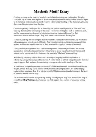 Macbeth Motif Essay. Macbeth. - GCSE English - Marked by Teachers.com