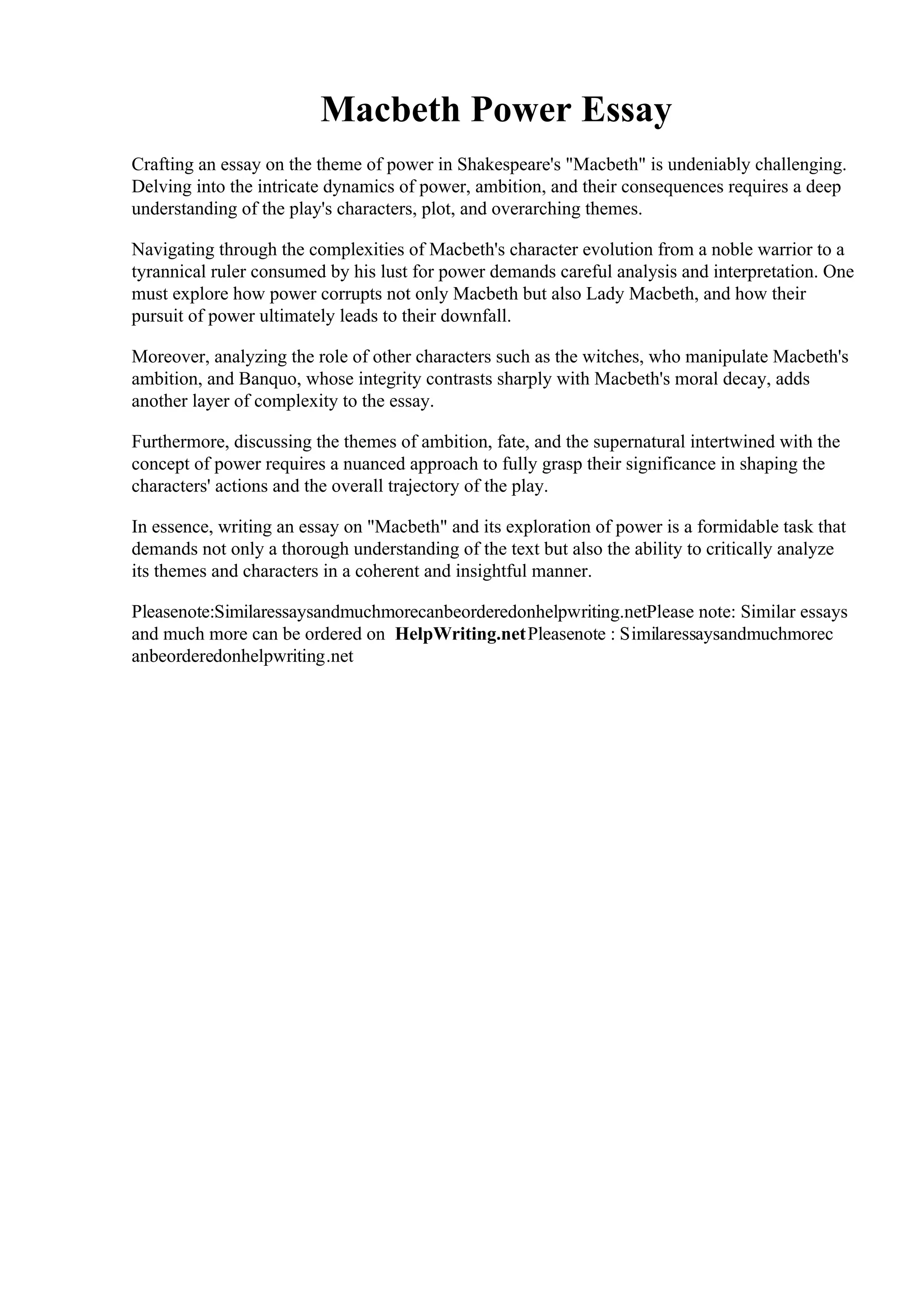 Macbeth Power Essay. Macbeth By William Shakespeare is a play of ...