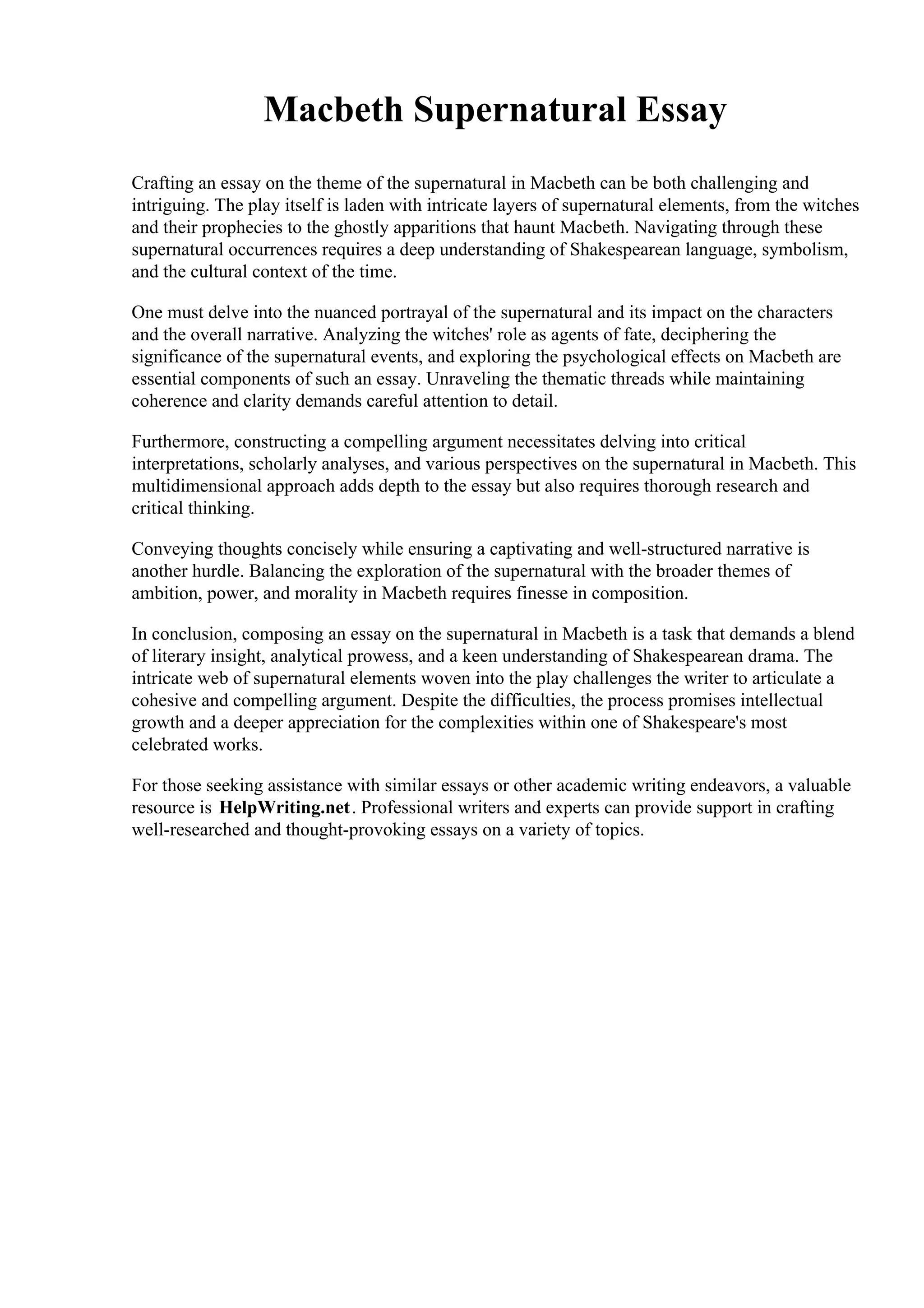 Macbeth Supernatural Essay. Lincoln Memorial University | PDF