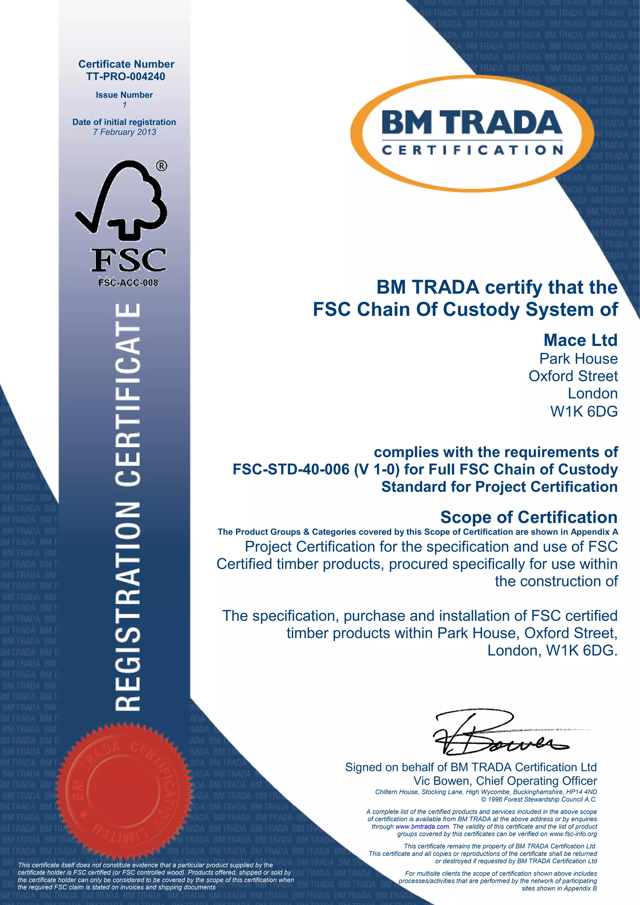 Project FSC Certificate for Park House | PDF | Free Download