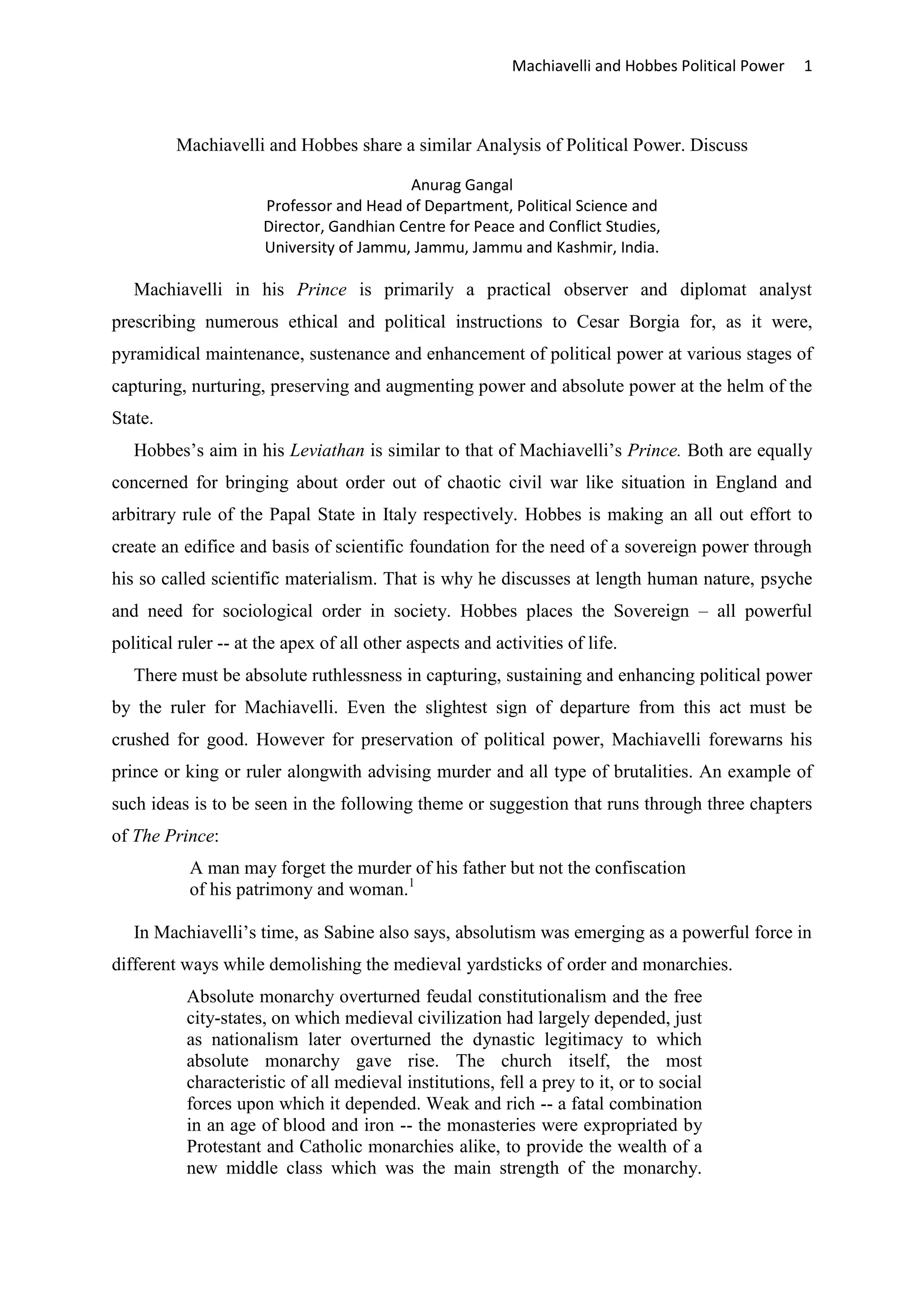Machiavelli and hobbes share a similar analysis of political power | PDF