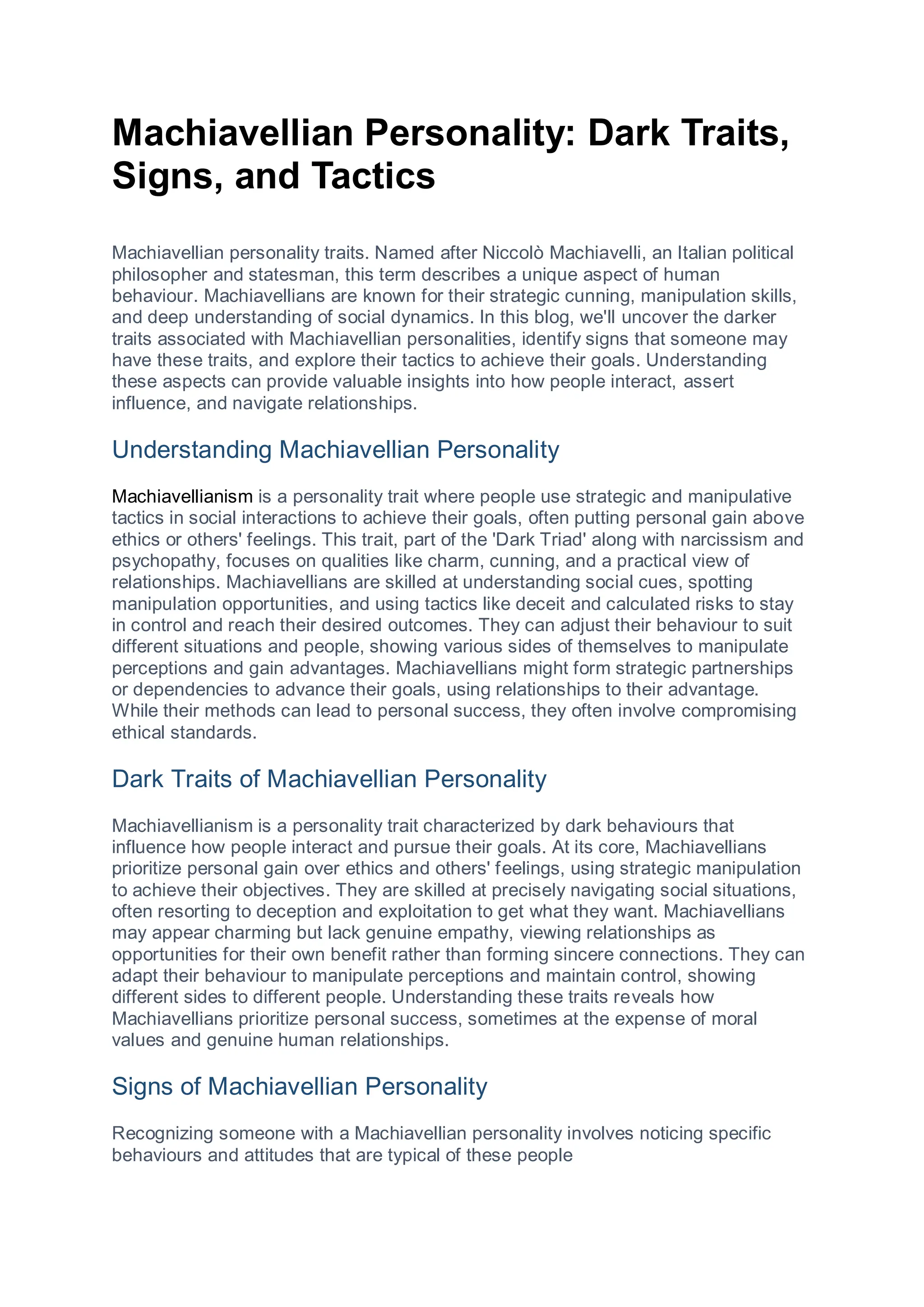 Machiavellian Personality: Dark Traits, Signs, and Tactics | PDF