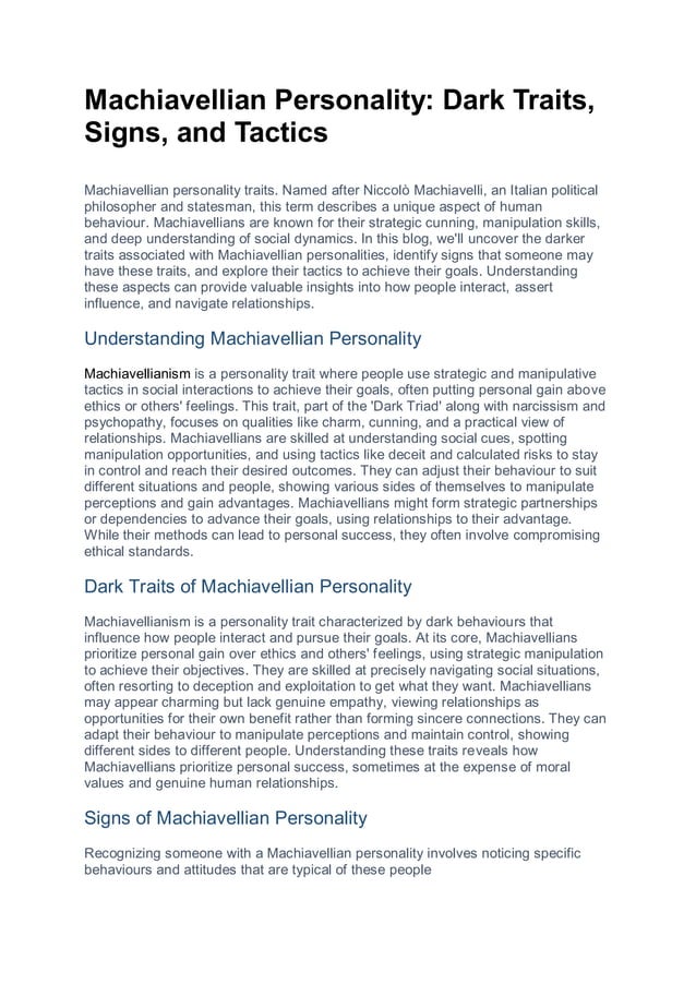 Machiavellian Personality: Dark Traits, Signs, and Tactics | PDF