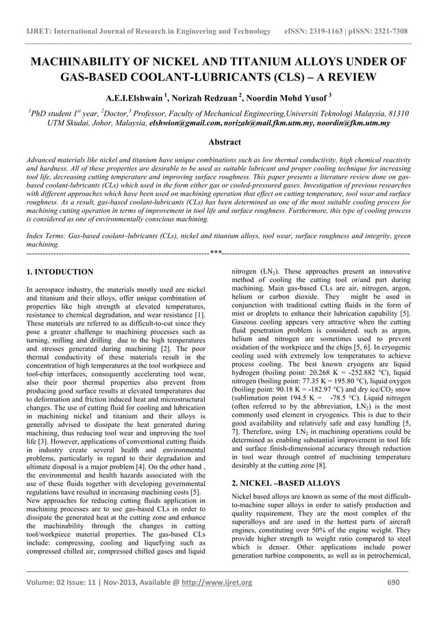 Machinability of nickel and titanium alloys under of | PDF