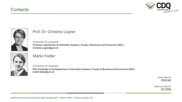 Machine learning for data management - Competence Center Corporate Data Quality (#CCCDQ) | PPT