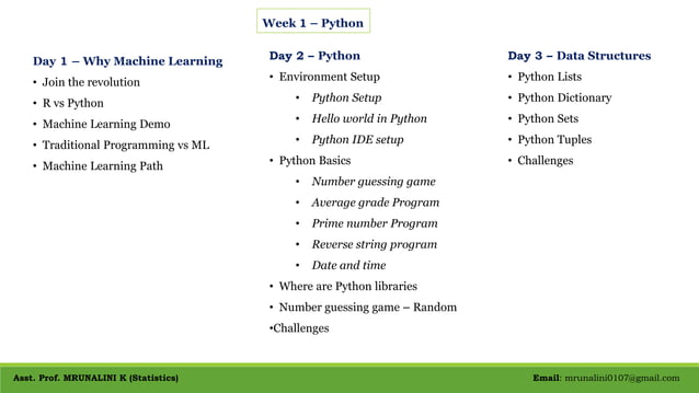 Machine learning in python course contents | PPT