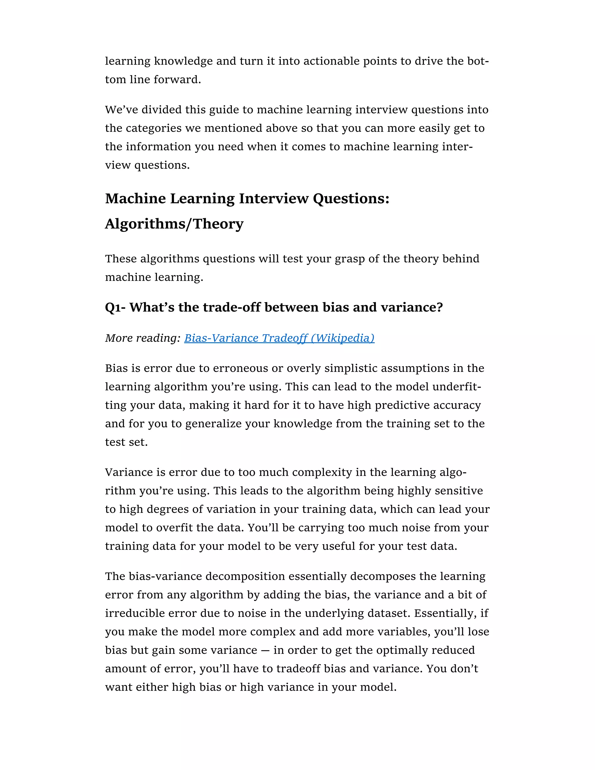 Machine Learning Interview Questions Answers | PDF