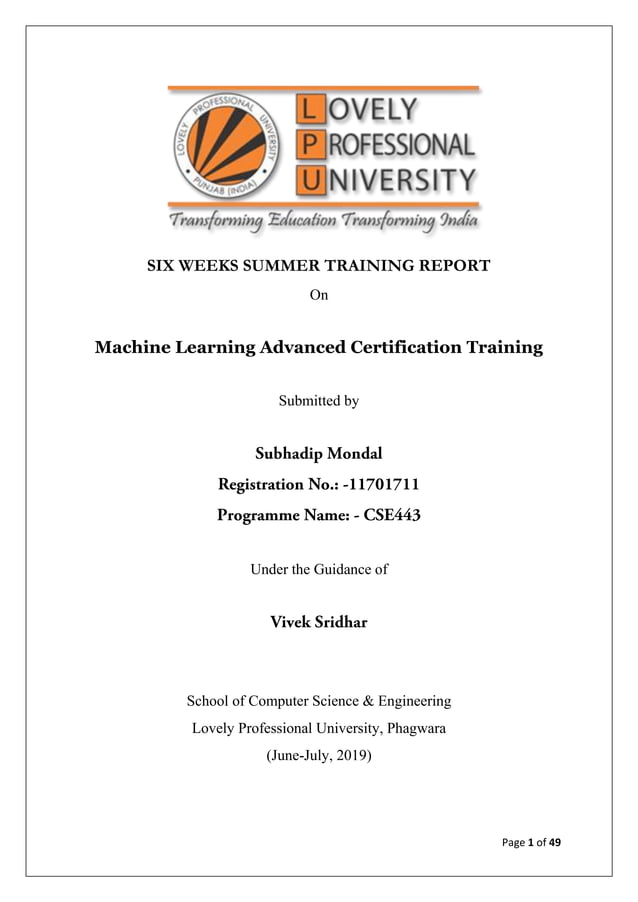 Machine learning Summer Training report | PDF | Technology Industry | Industries