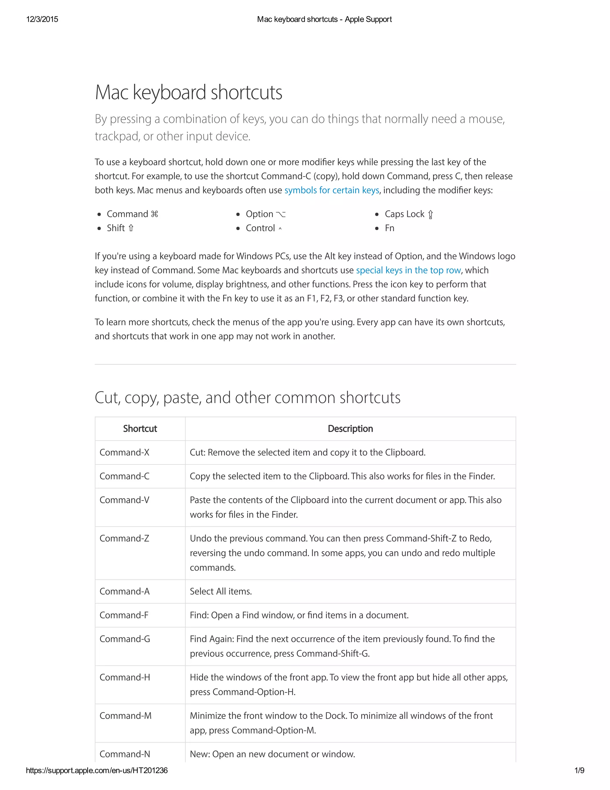 Mac keyboard shortcuts apple support | PDF