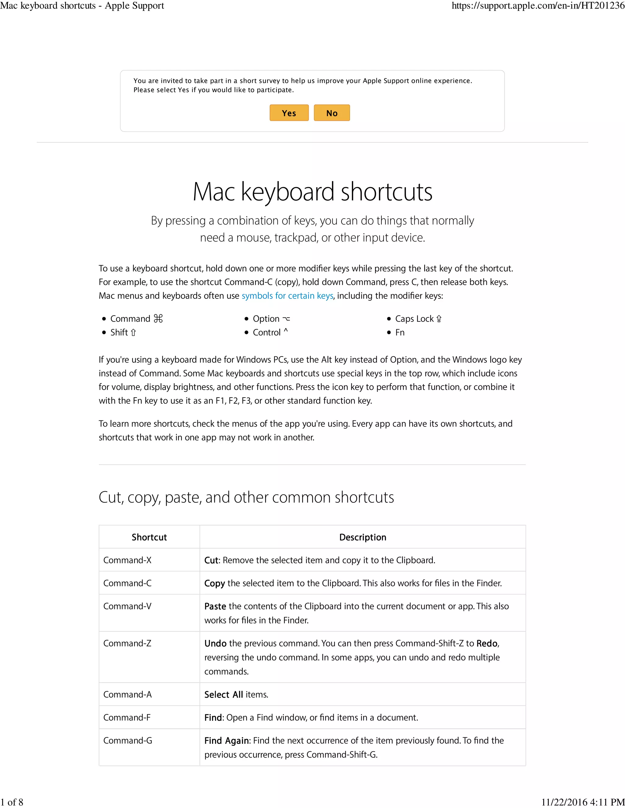 Mac keyboard shortcuts apple support | PDF | Operating Systems | Computer Software and Applications