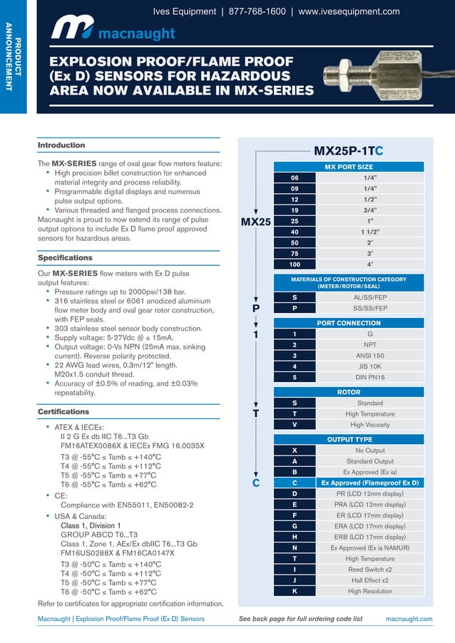 Explosion Proof/Flame Proof (Ex D) Sensors for Hazardous Area Now Available in Macnaught MX ...