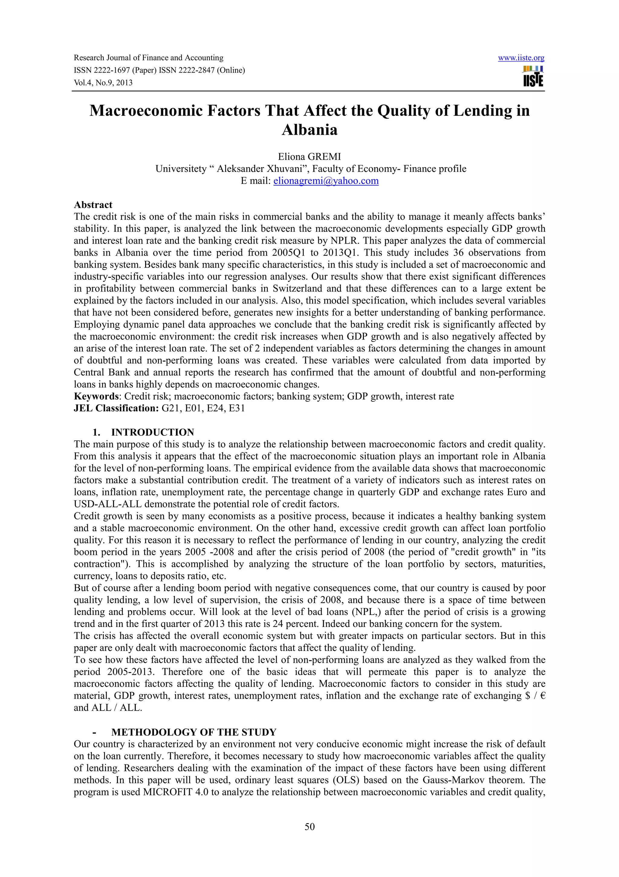 Macroeconomic factors that affect the quality of lending in albania. | PDF