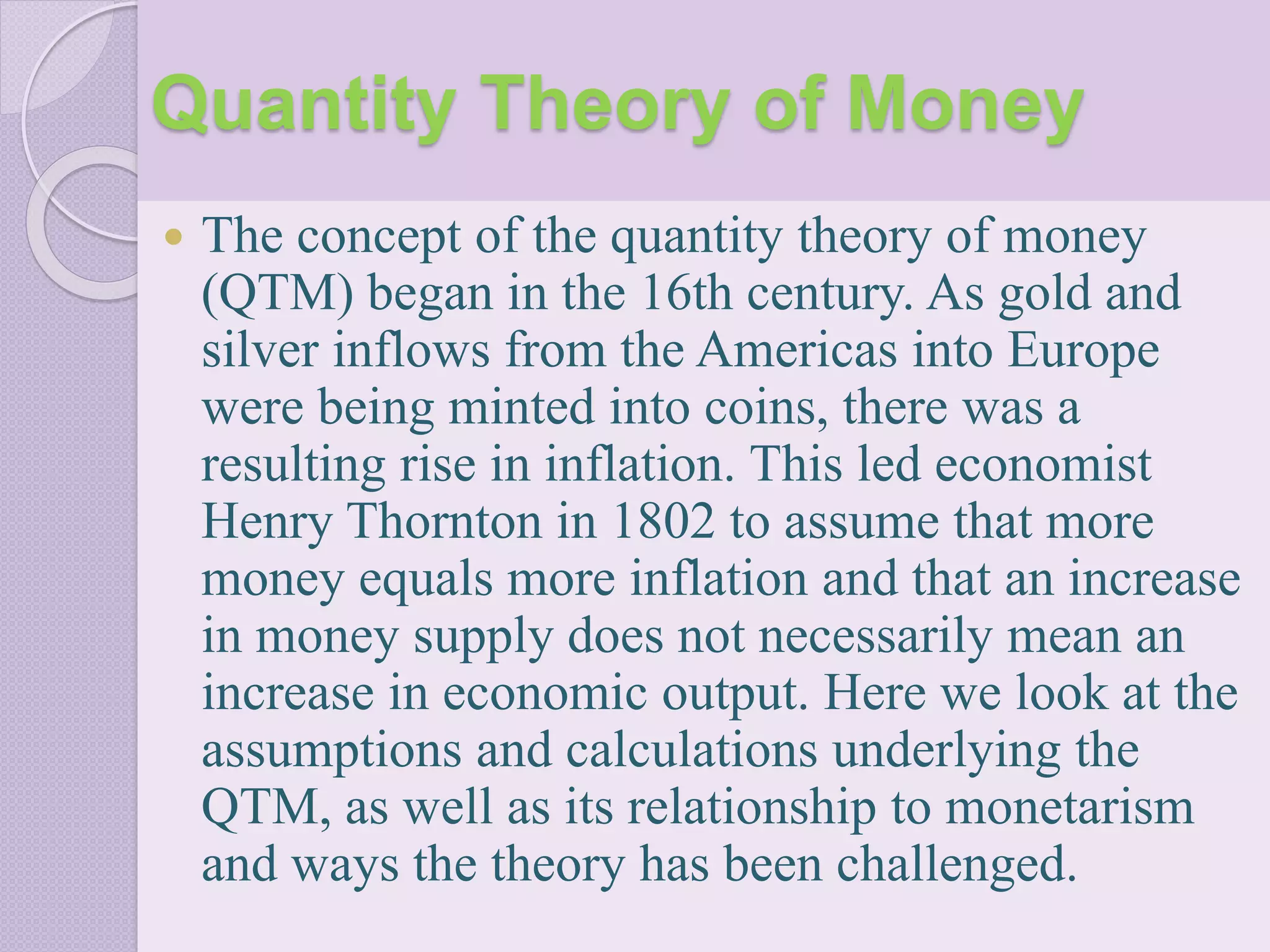 Money Supply and Price Level Quantity Theory of Money (Macro economics ...