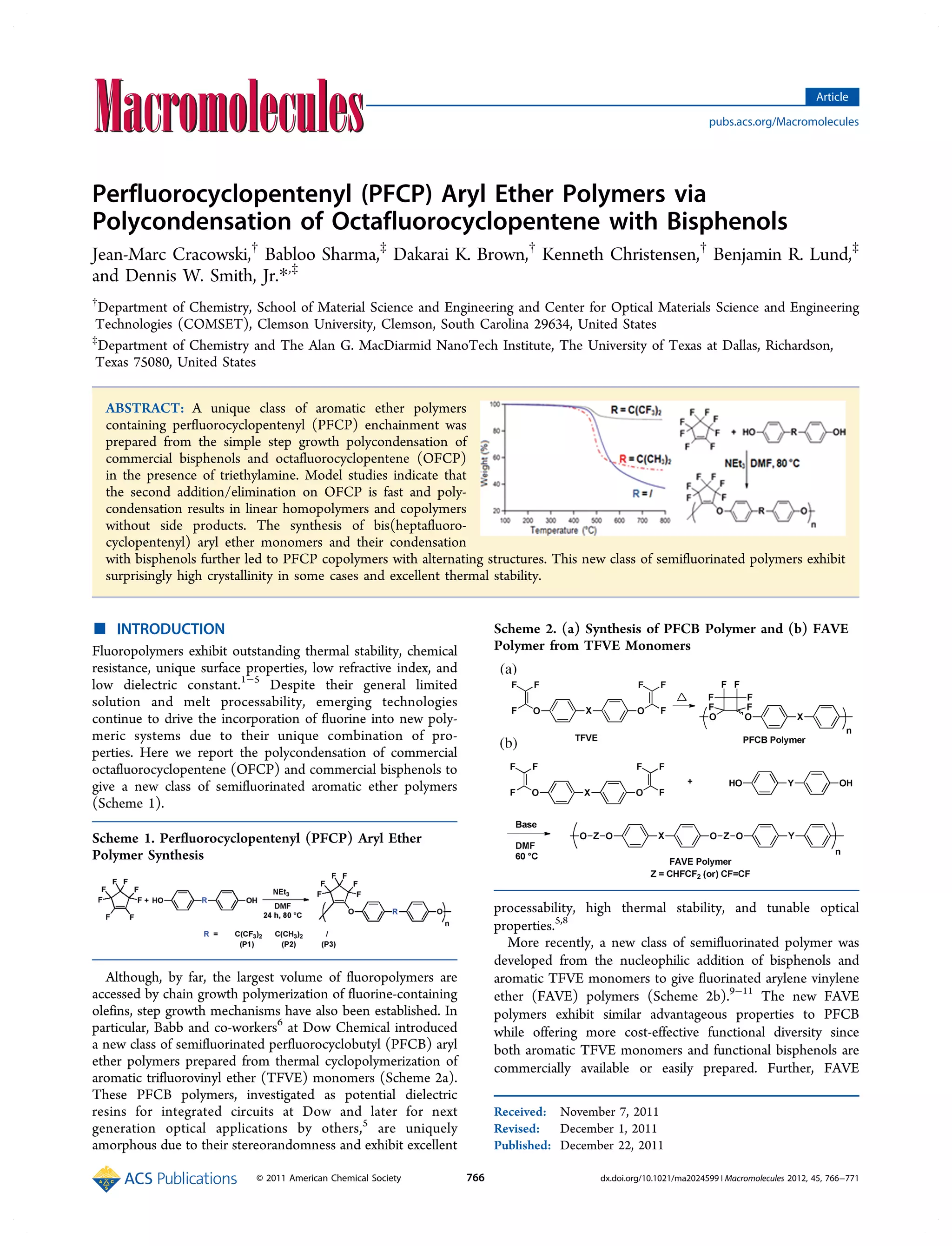 Perfluorocyclopentenyl (PFCP) Aryl Ether Polymers via Polycondensation ...