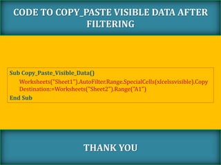 Macros code Copy paste visible data after filtering | PPTX