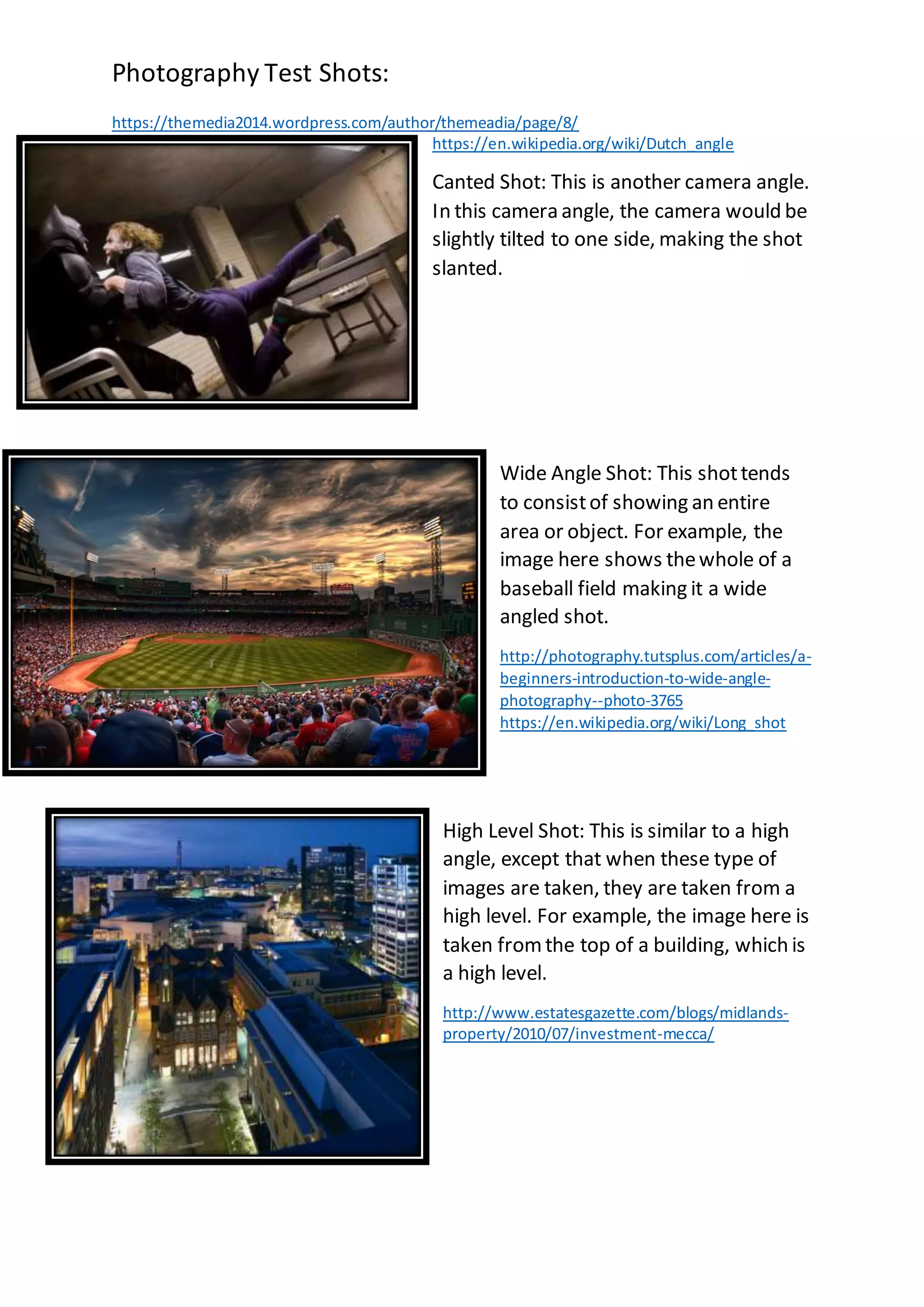 Photography: Types of Shots | DOCX