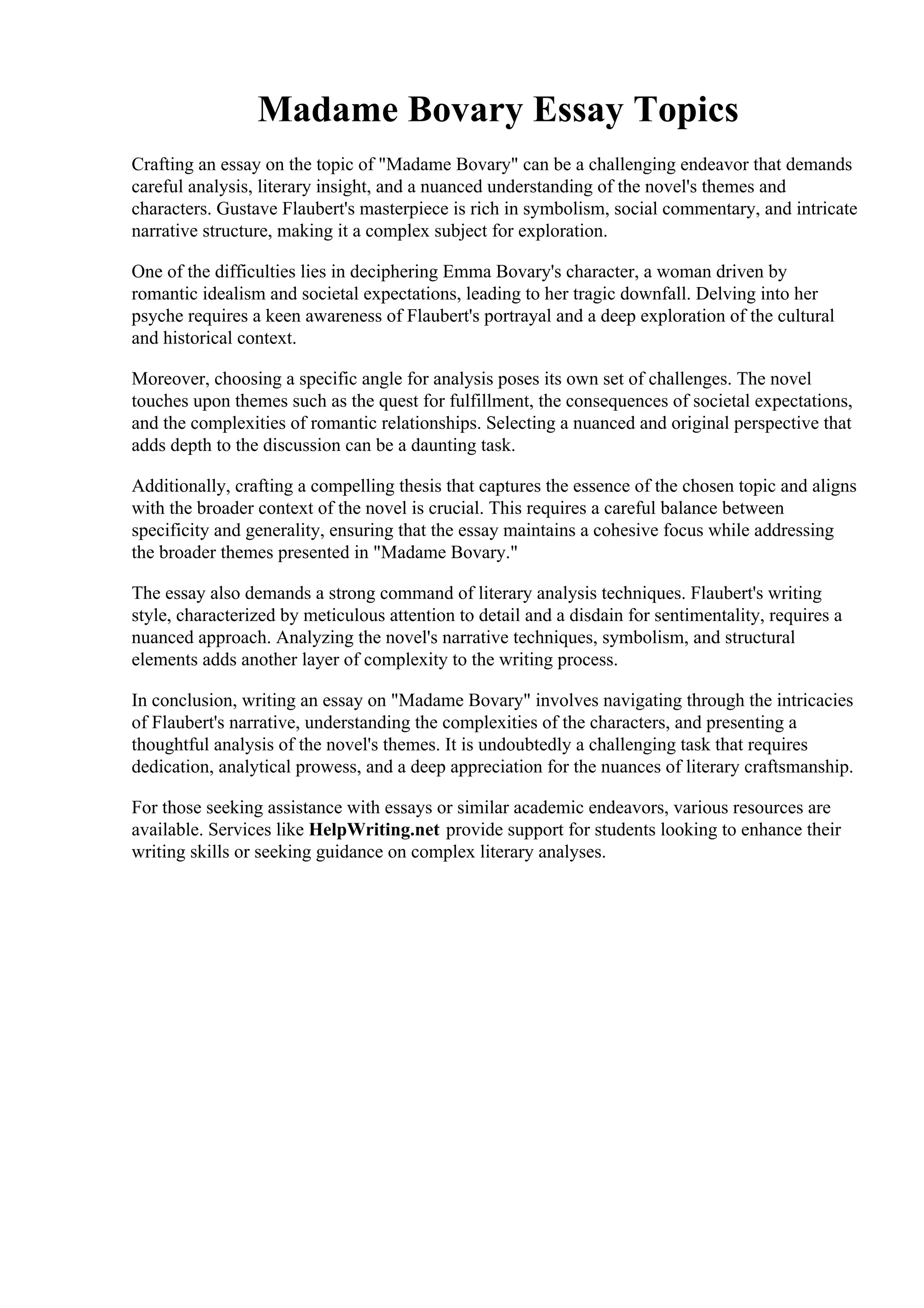 Madame Bovary Essay Topics | PDF