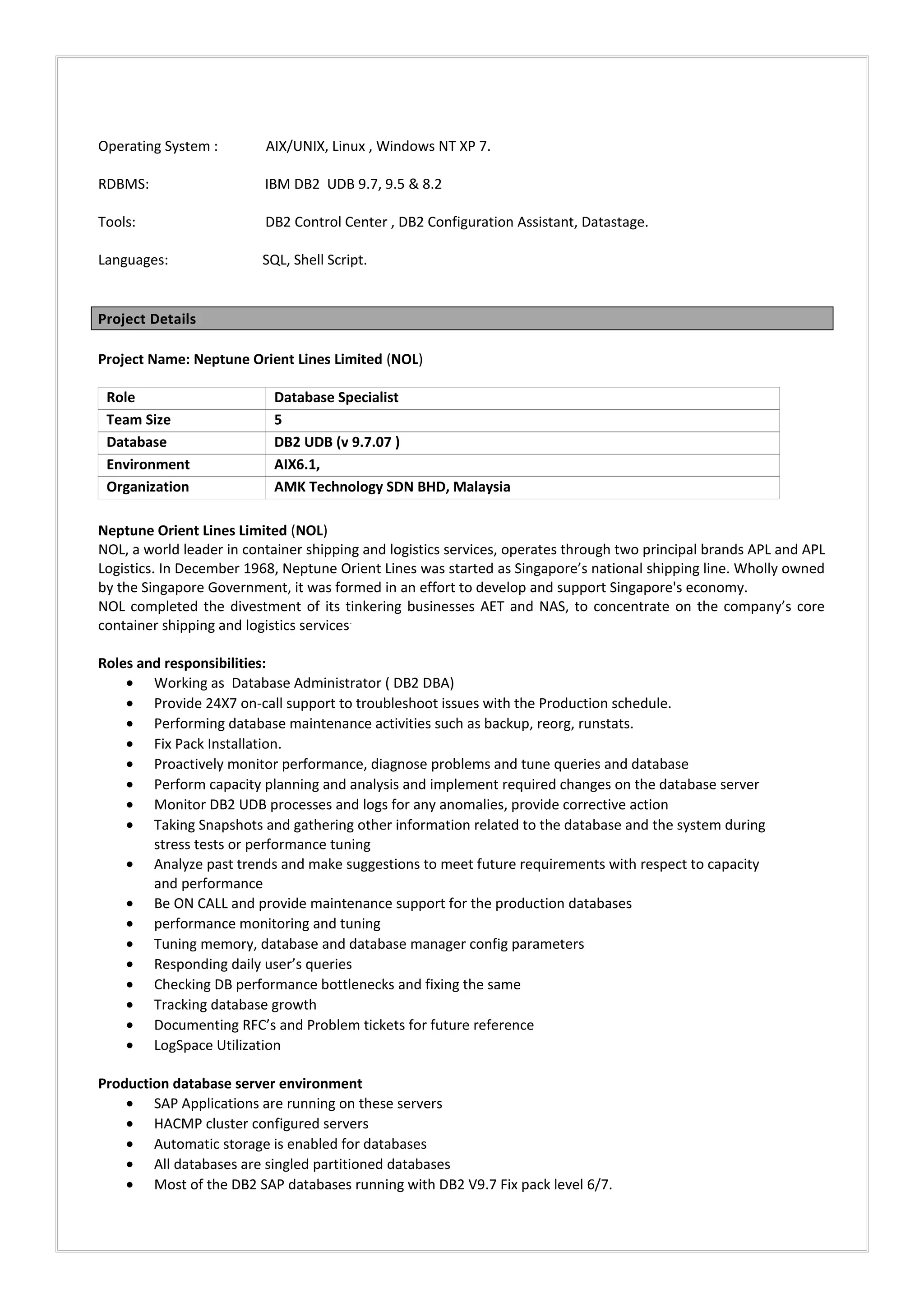 Resume for DB2 DBA LUW/AIX | DOC