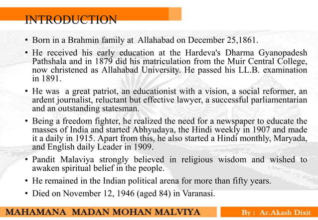 Madan mohan malviya and his contribution and philosophy by ar. akash dixit | PDF | Hinduism ...