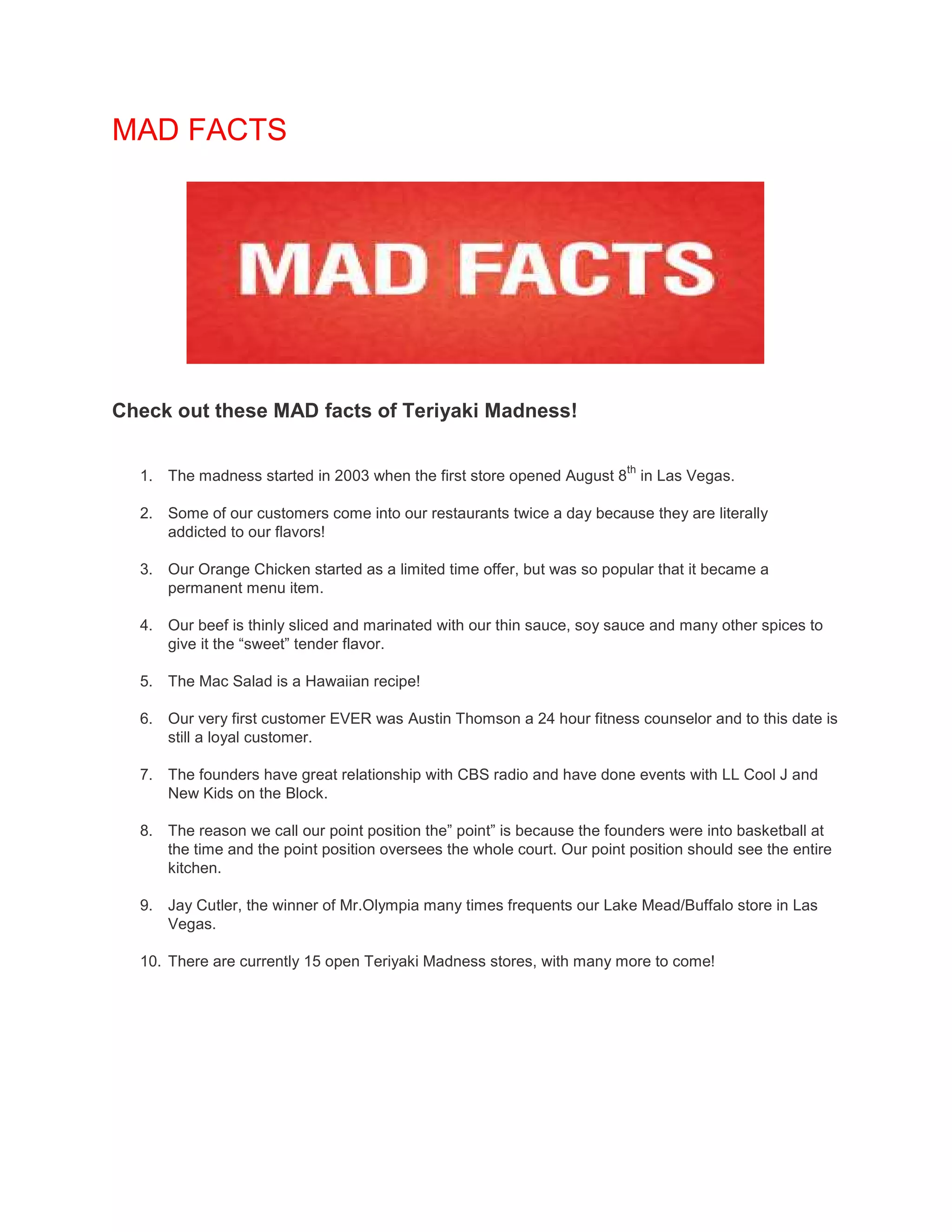 Mad facts of Teriyaki Madness | PDF