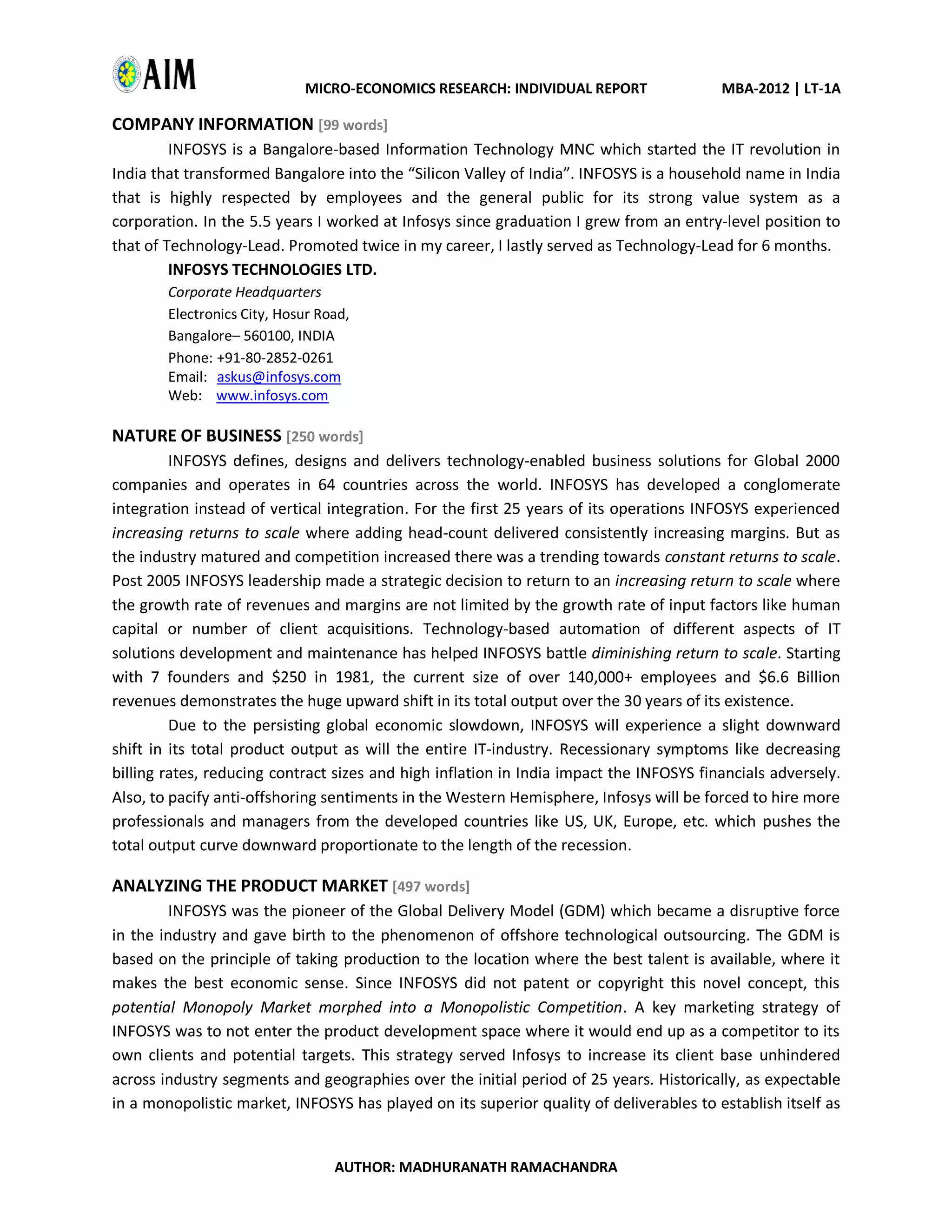 INFOSYS 2015 - A Micro Economics Analysis Report | PDF