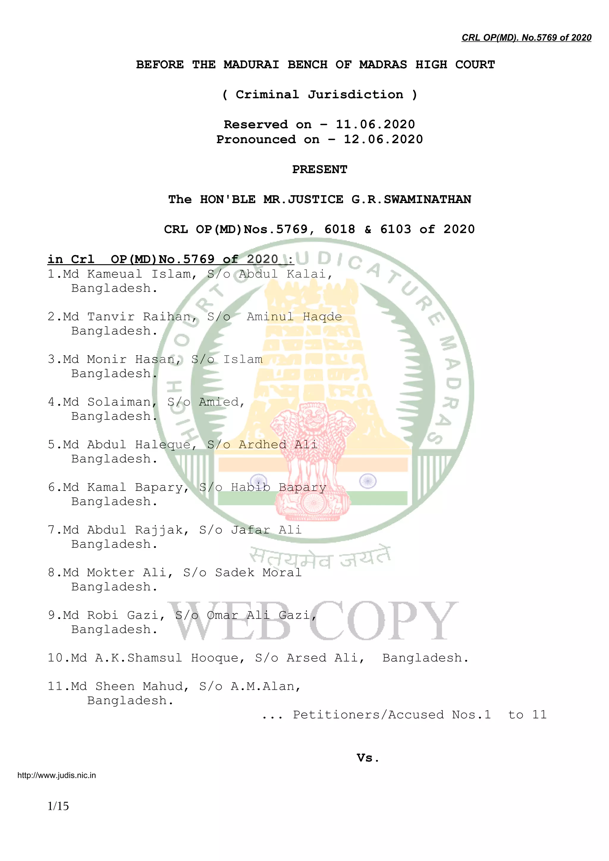 Madras hc tablighi bail order june 12 | PDF