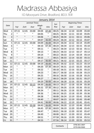 Madrassa Abbasiya, Bradford - Prayer Timetable - January 2014 | PDF ...