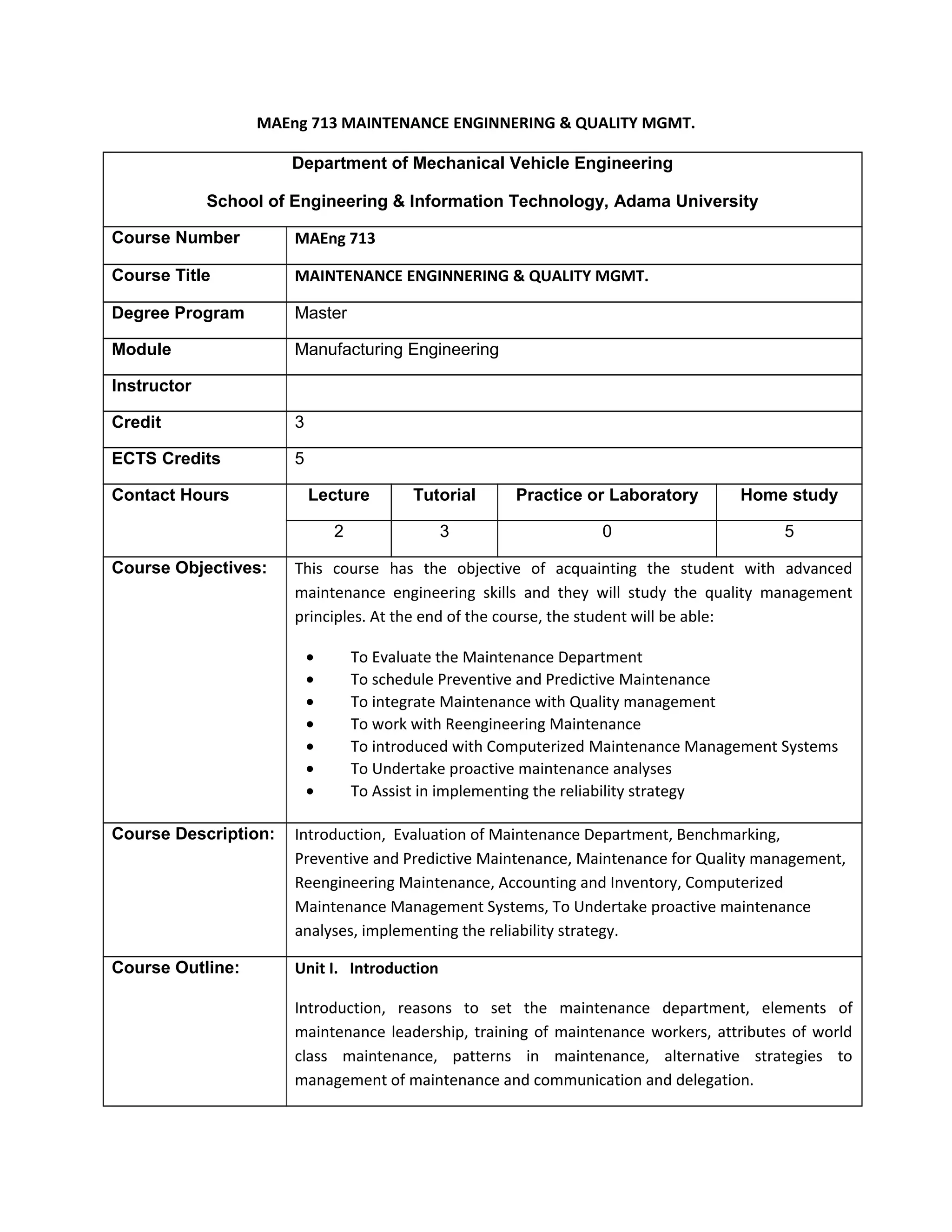 Ma eng 713 maintenance enginnering adama university | DOC
