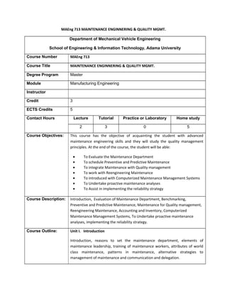 MAINTENANCE ENGINEERING & QUALITY MANAGEMENT | PDF