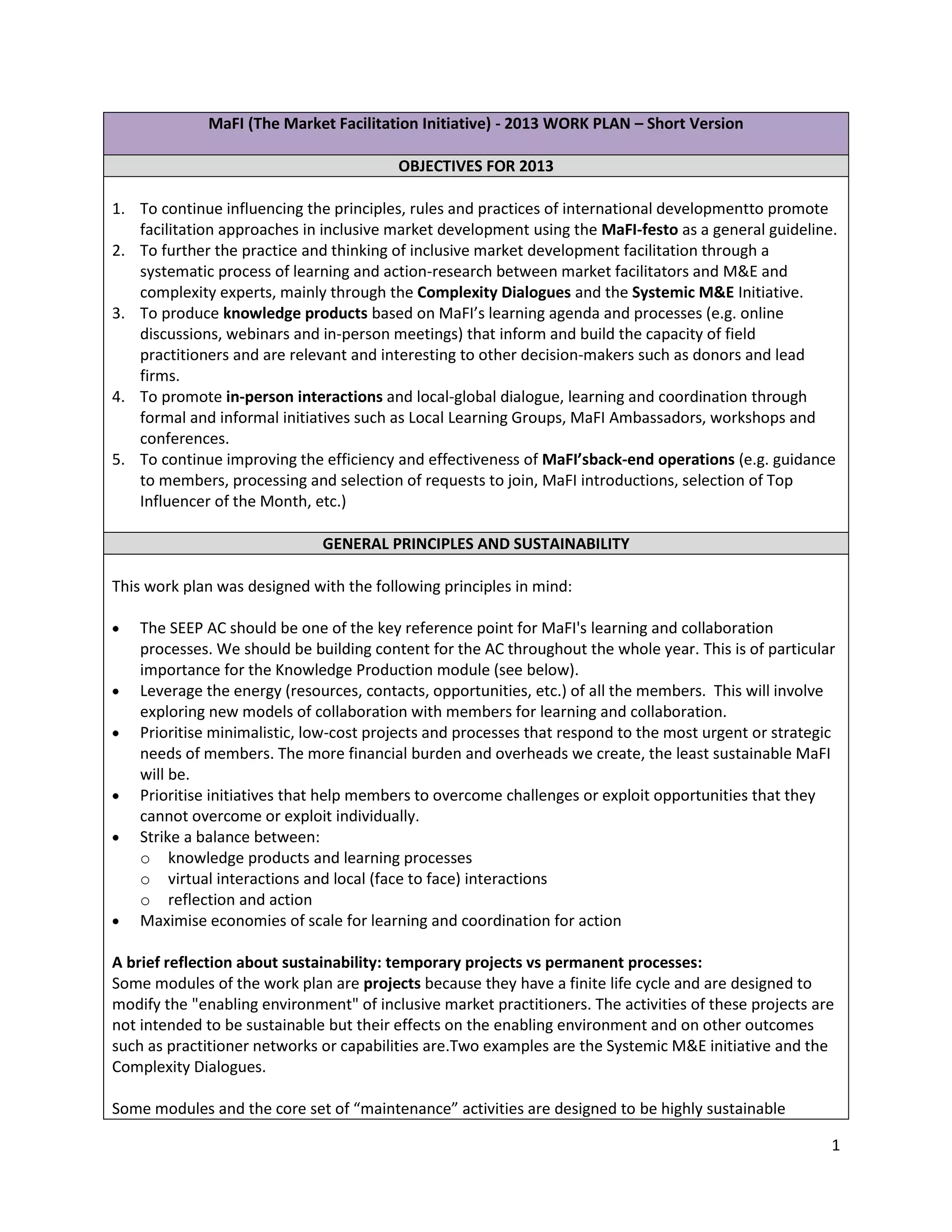Mafi Work Plan 2013, short version (March 2013) | DOCX