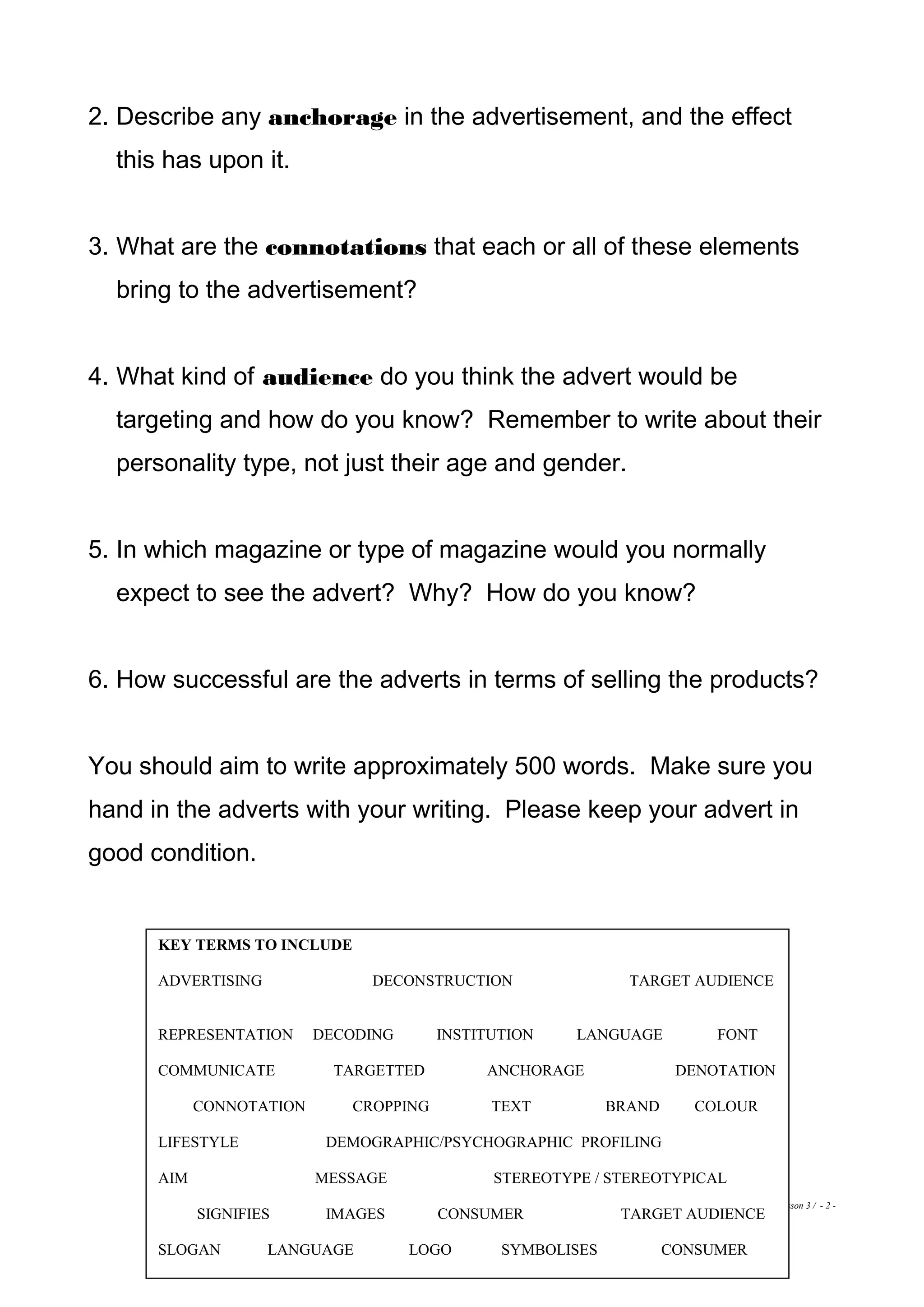 Magazine advert exam task sheet oht | DOC
