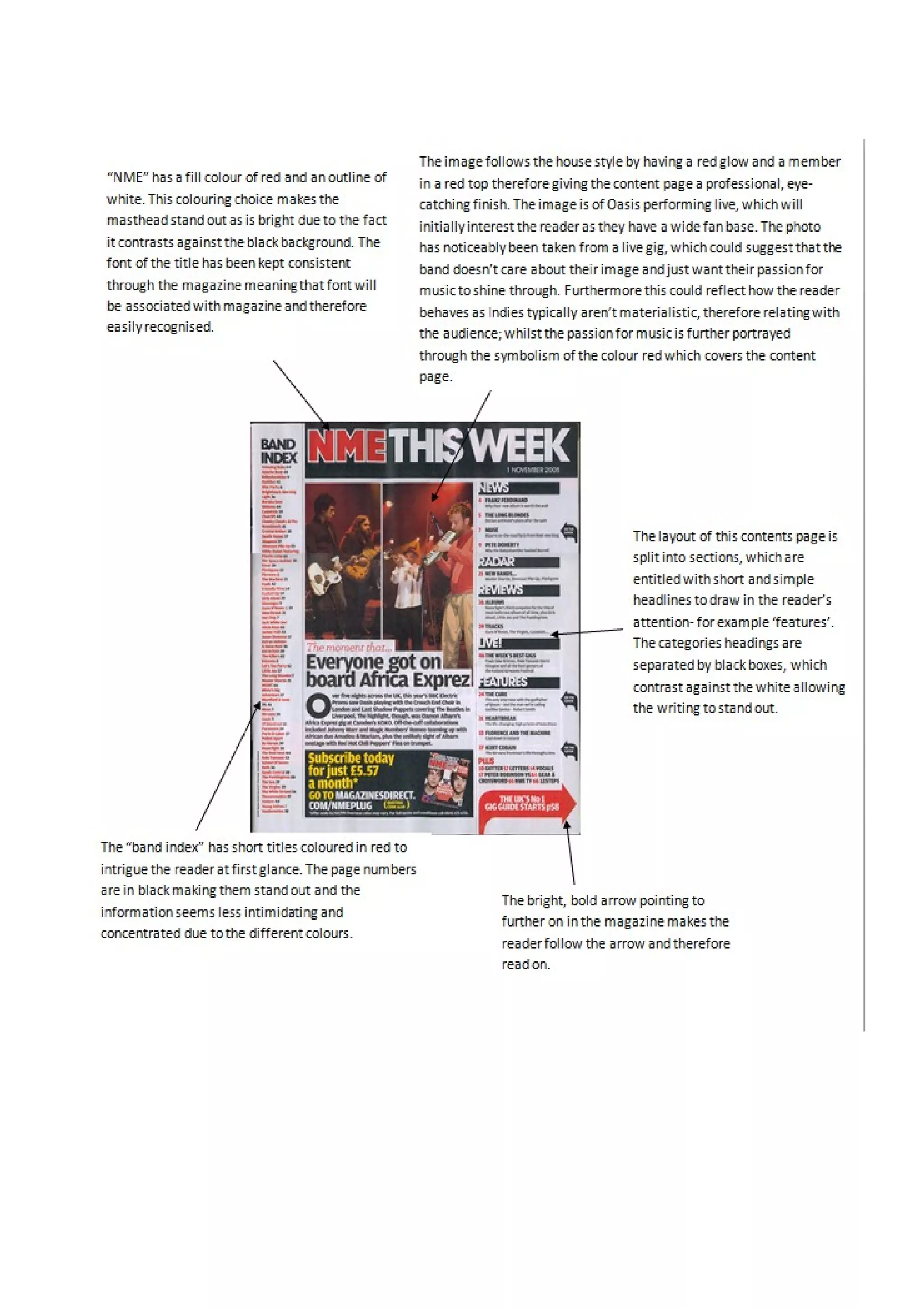 Magazine analysis of the content page for NME magazine | DOC