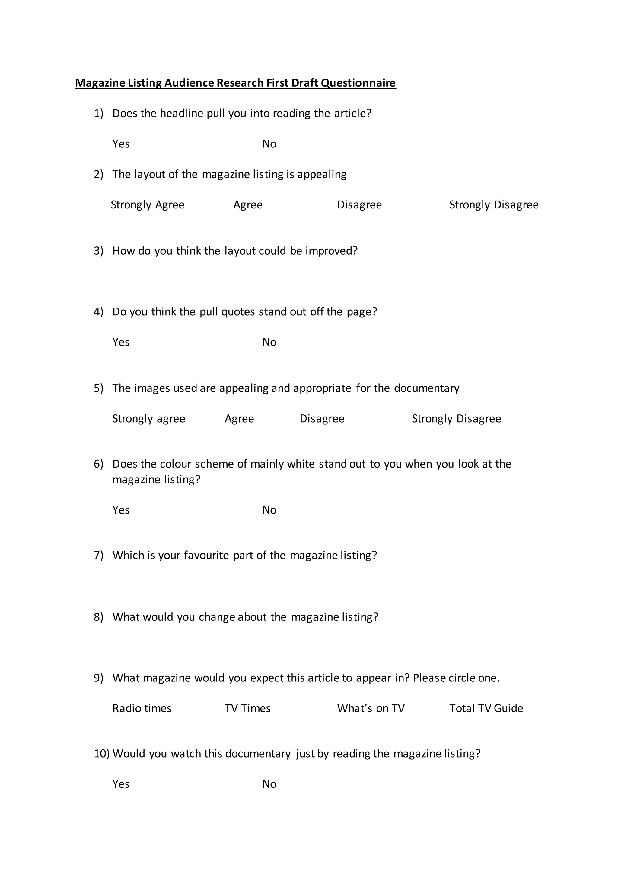 Magazine listing audience research first draft questionnaire | DOCX