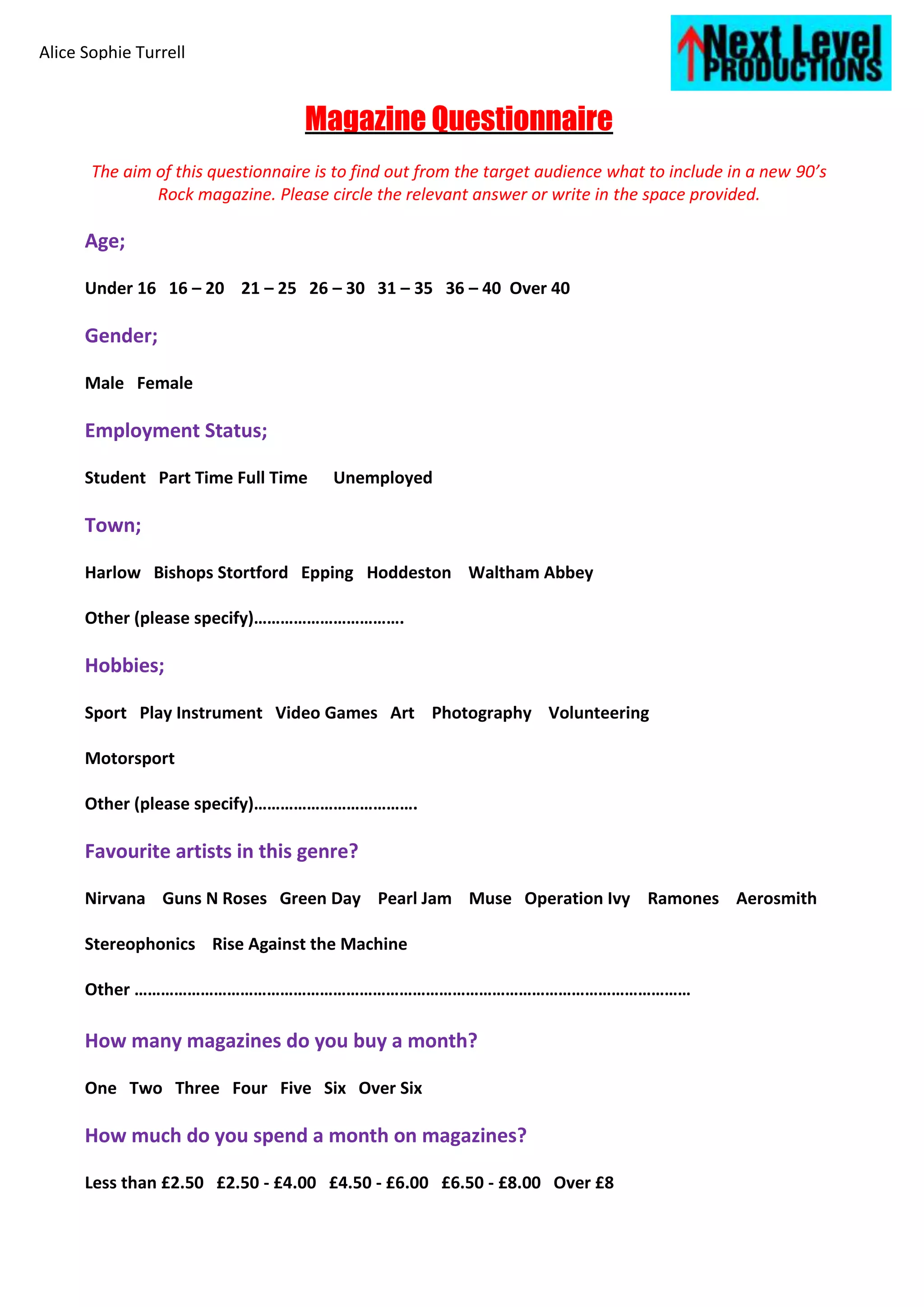 Magazine questionnaire | PDF