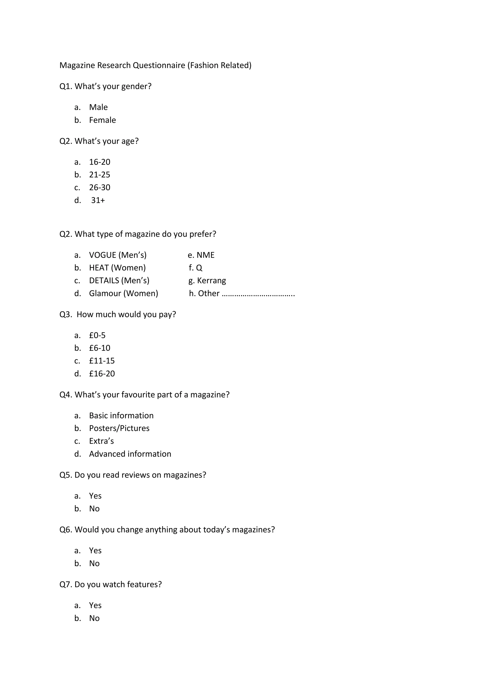Magazine Research Questionnaire | PDF