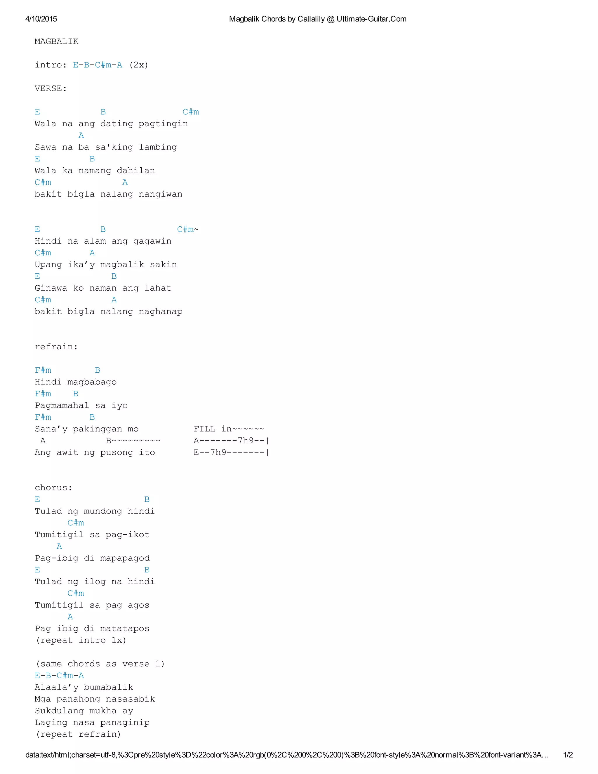 Magbalik chords by callalily @ ultimate guitar | PDF