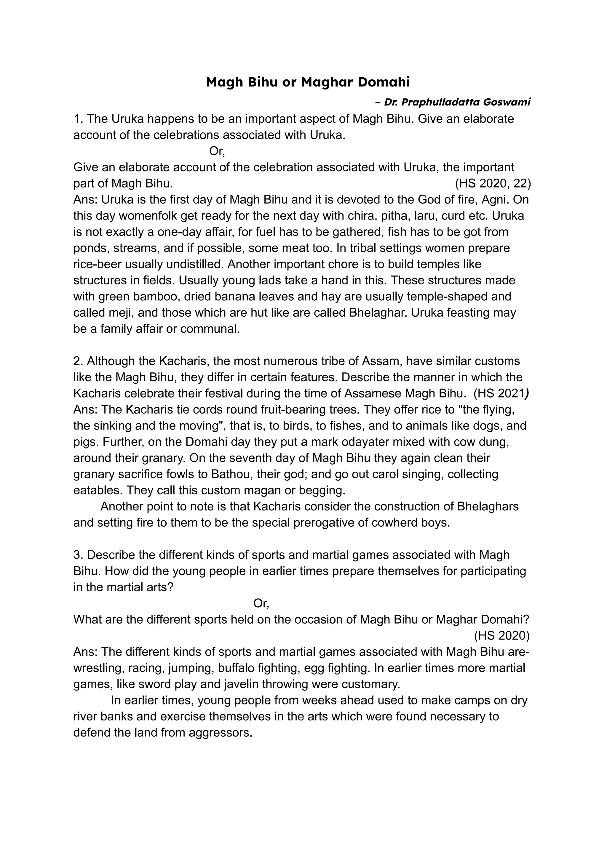 Magh Bihu or Maghar Domahi AHSEC Class 12 English notes | PDF