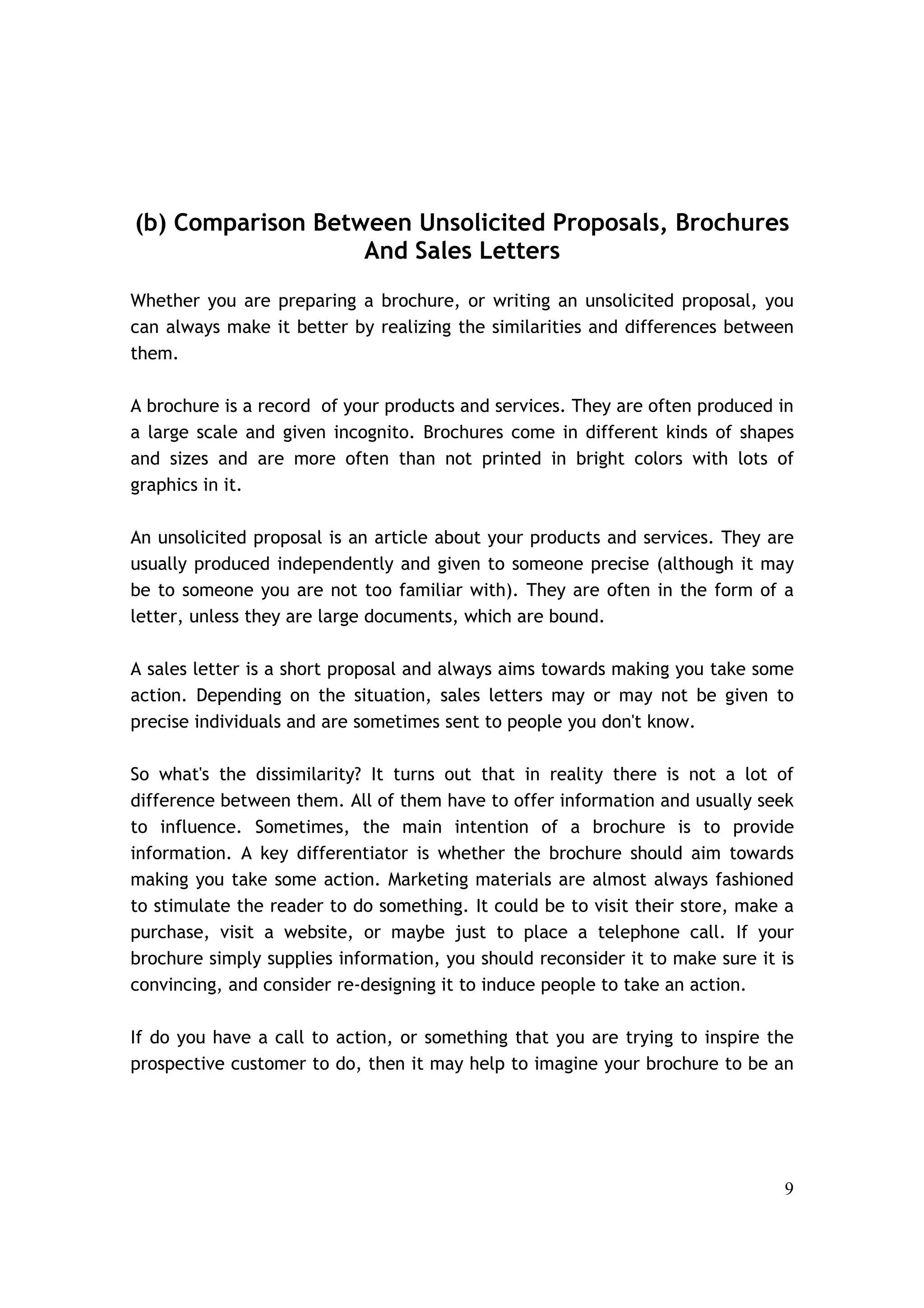 Comparison Between Unsolicited Proposals, Brochures And Sales Letters | PDF