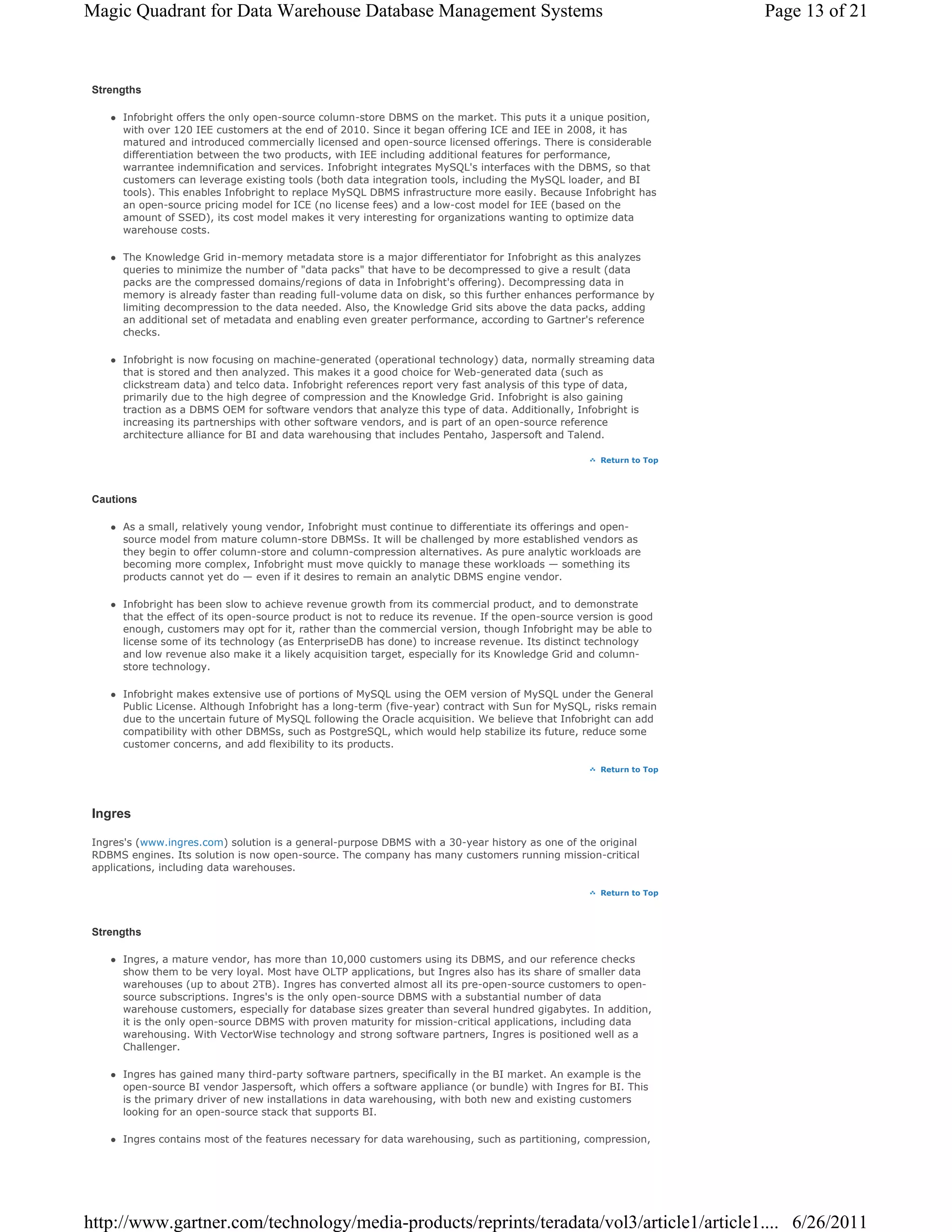 Magic quadrant for data warehouse database management systems | PDF