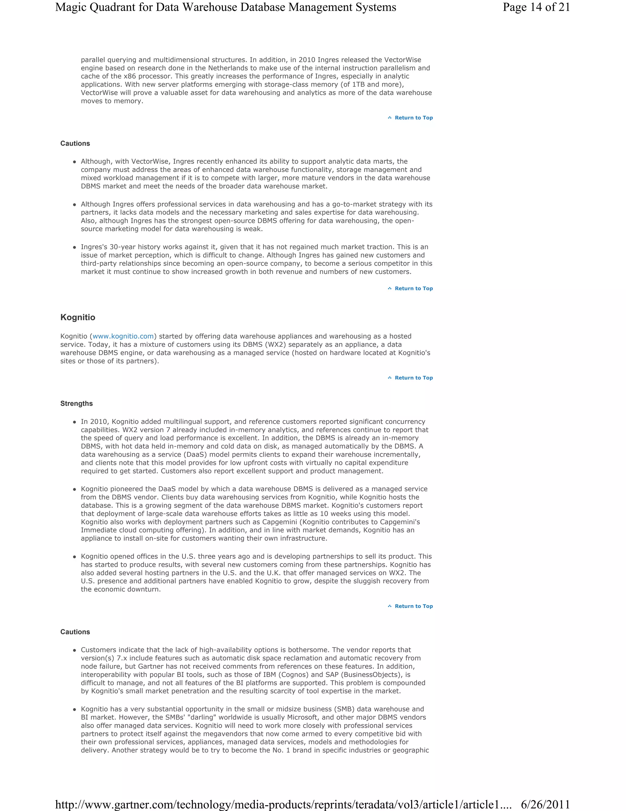 Magic quadrant for data warehouse database management systems | PDF