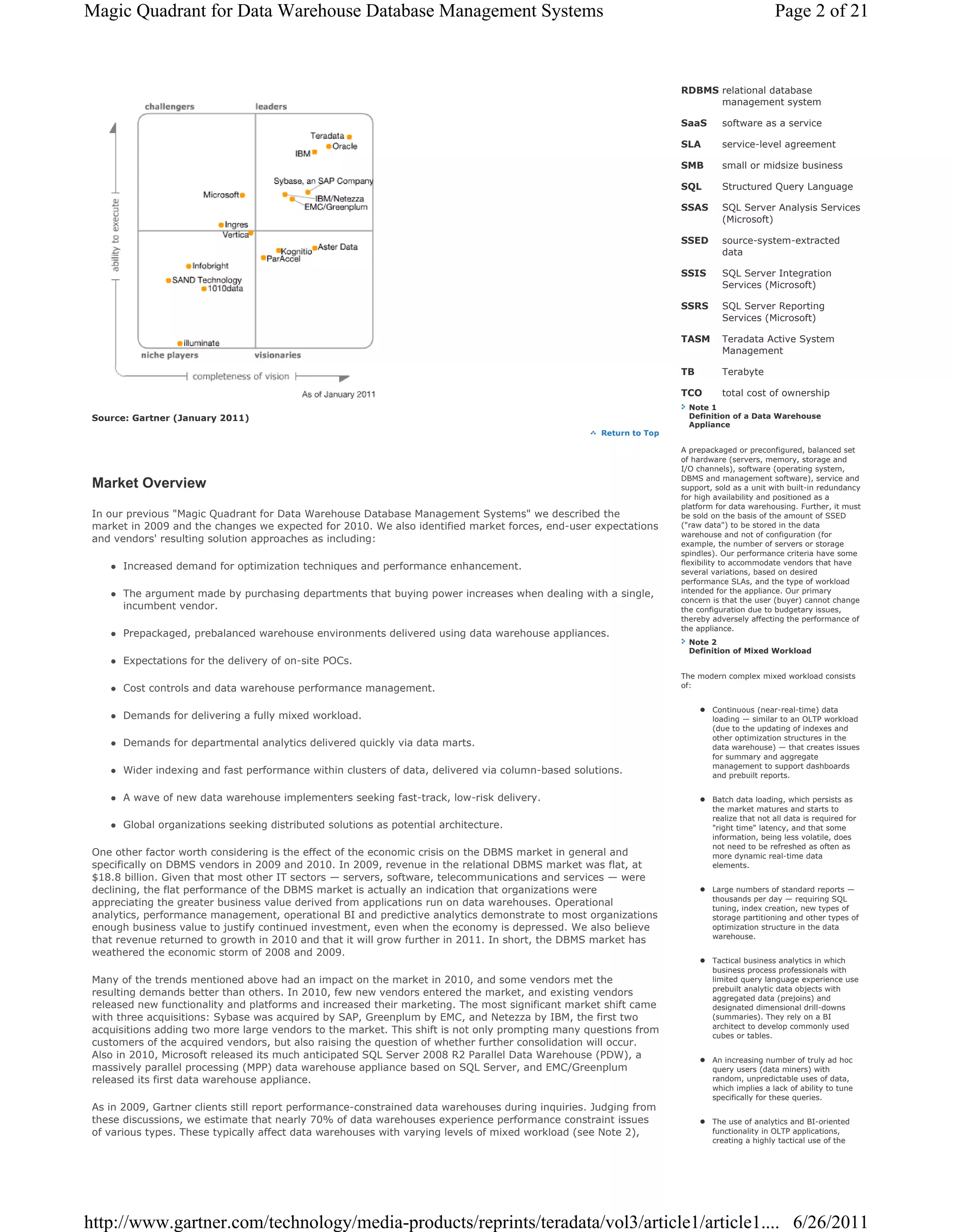 Magic quadrant for data warehouse database management systems | PDF