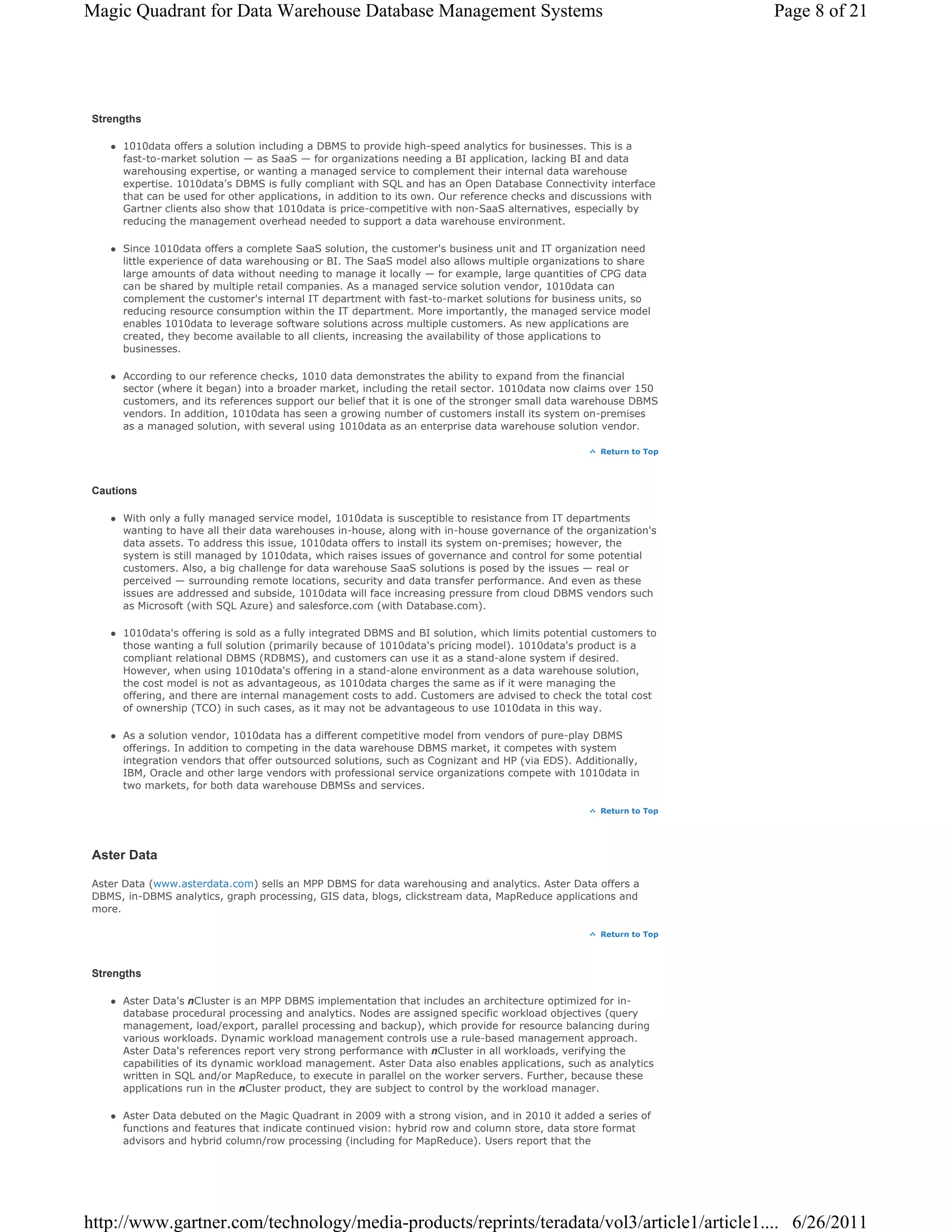 Magic quadrant for data warehouse database management systems | PDF