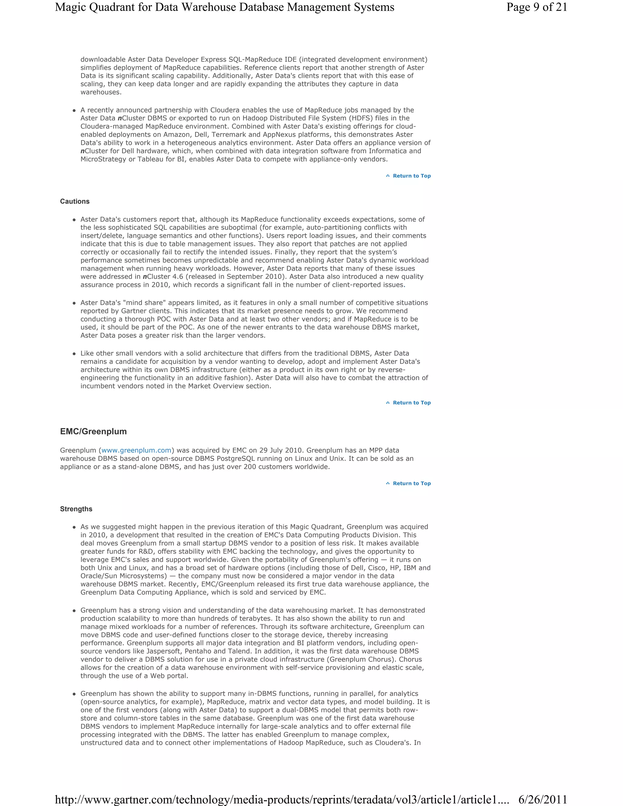 Magic quadrant for data warehouse database management systems | PDF